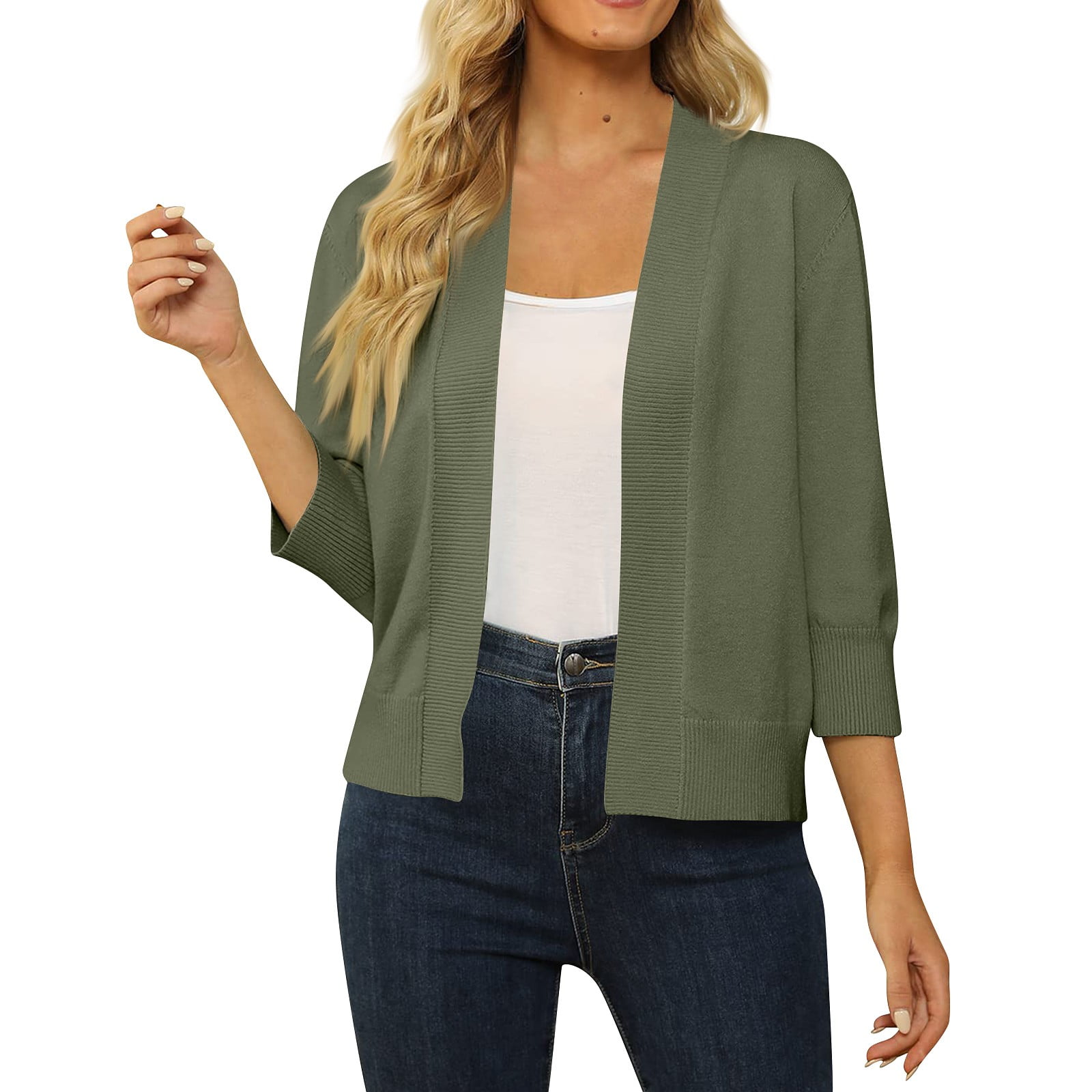 Zhensanguo Women's 3/4 Sleeve Shrugs Open Front Cropped Sweater ...