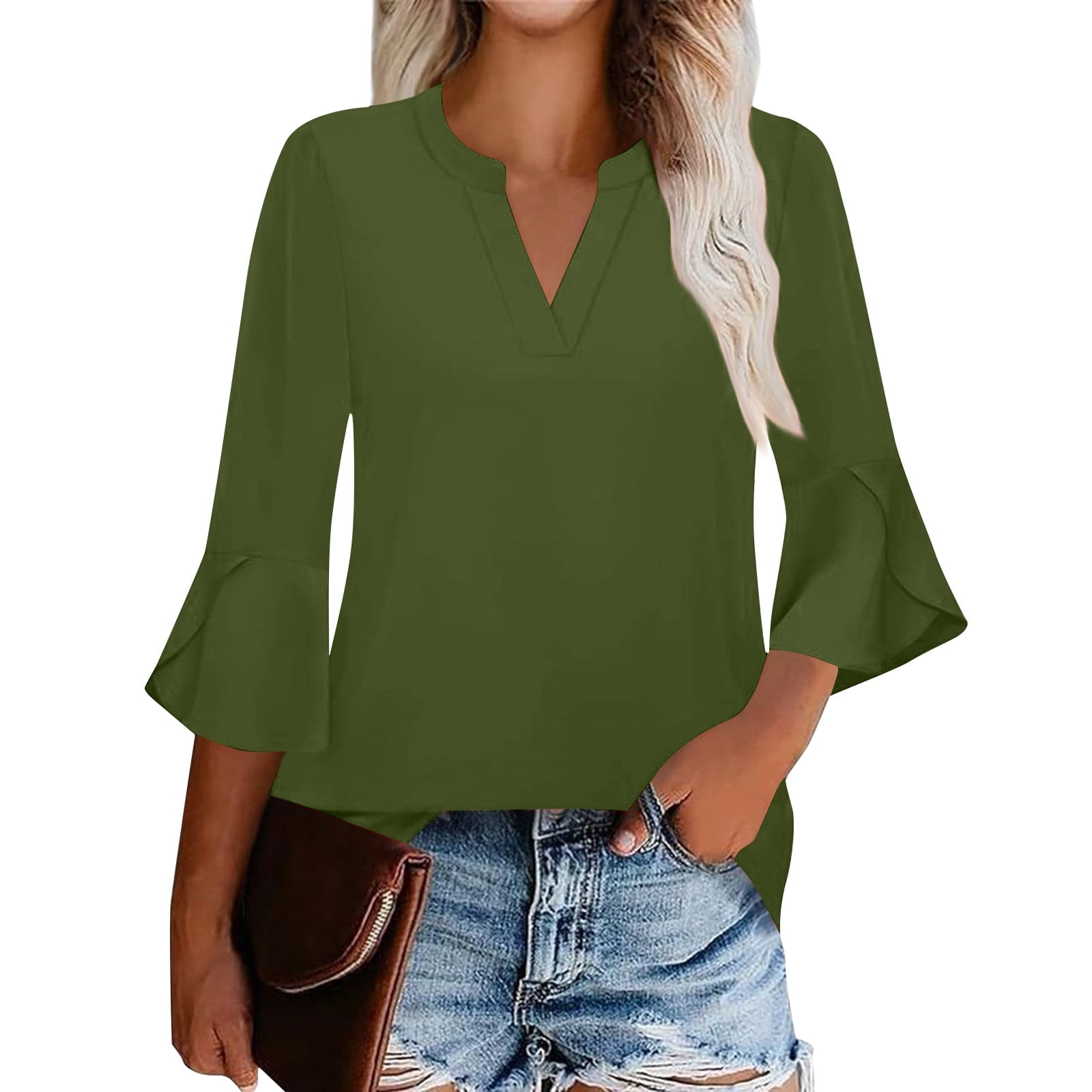 Zhensanguo Women's Ruffle 3/4 Sleeve Summer Tops V Neck Tunic Tops ...