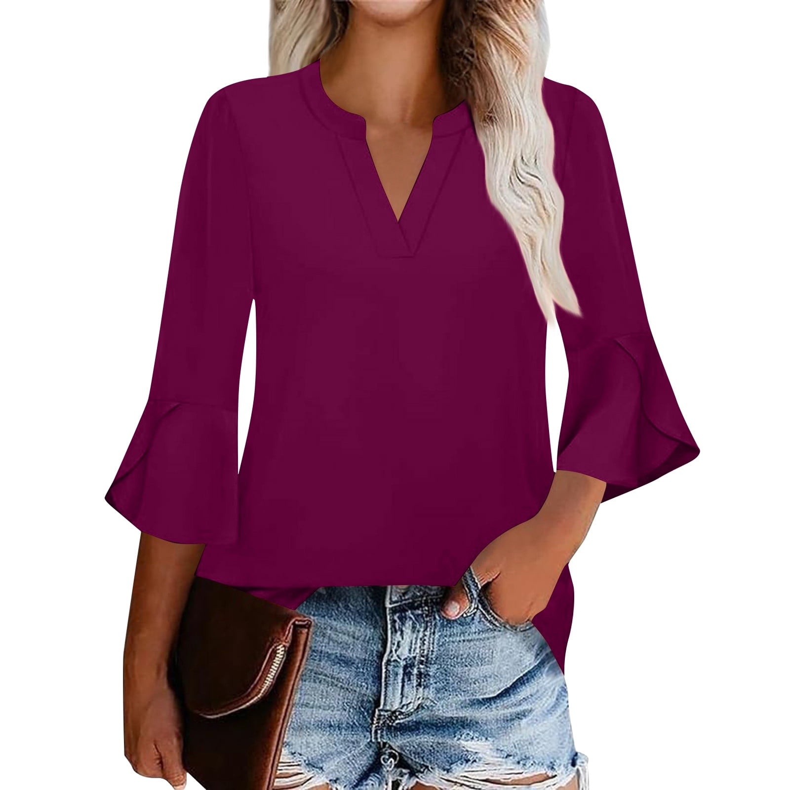 Zhensanguo Women's Ruffle 3/4 Sleeve Tops Dressy V Neck Shirts Fashion ...