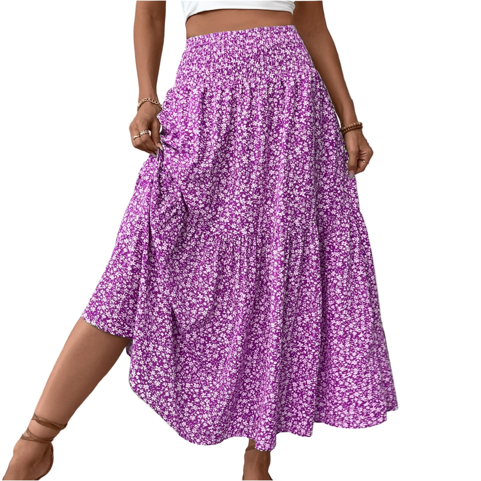Zhensanguo Womens Skirts Summer Smocked Elastic High Waisted Floral ...