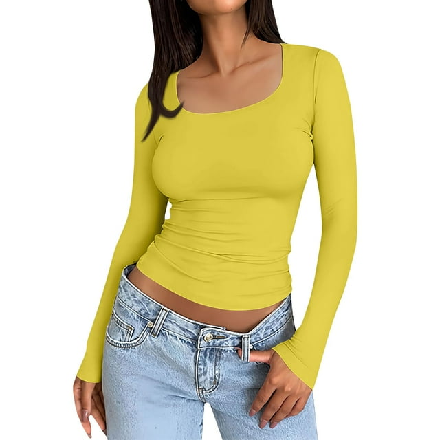 Zhensanguo Workout Crop Tops For Women Square Neck Long Sleeve Basic T