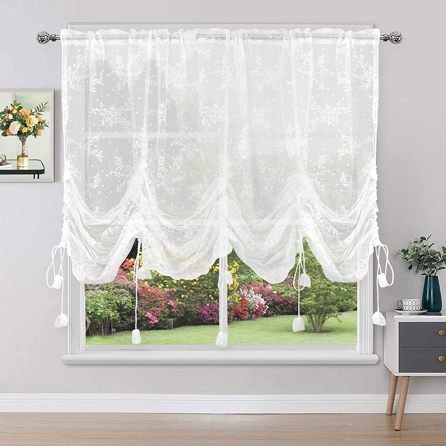 Zhh Elegant White Lace Embroidery Sheer Balloon Curtain Valance for ...