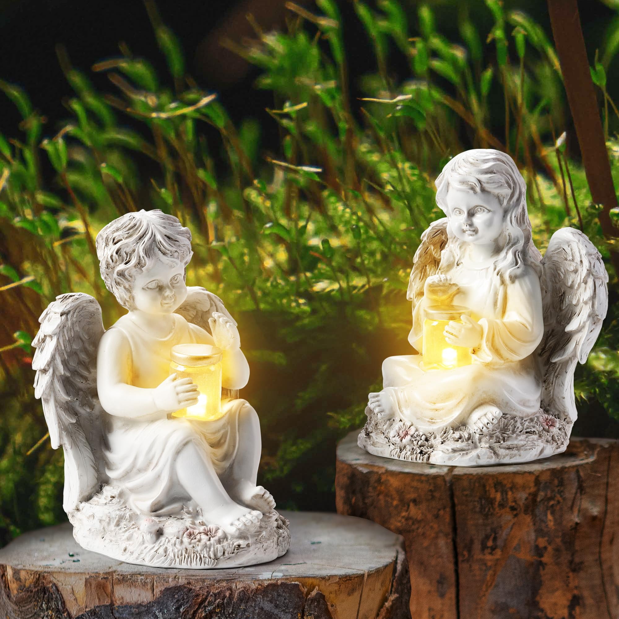 ZhiYo-GD 2 Pack Outdoor Angel Statue Garden Decor, Classic Solar Angel ...