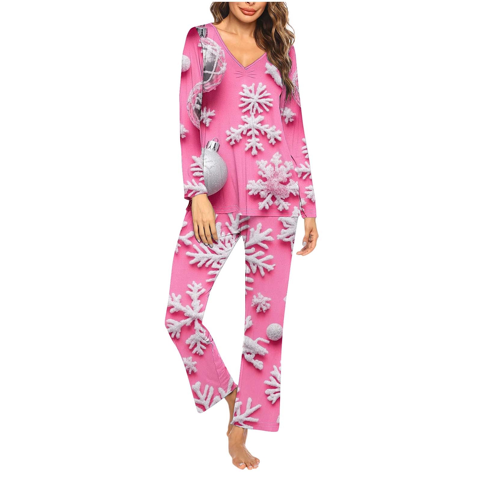 ZhiZhuang Women's Flannel Pajama Set,Women Christmas Snowflake Printed ...