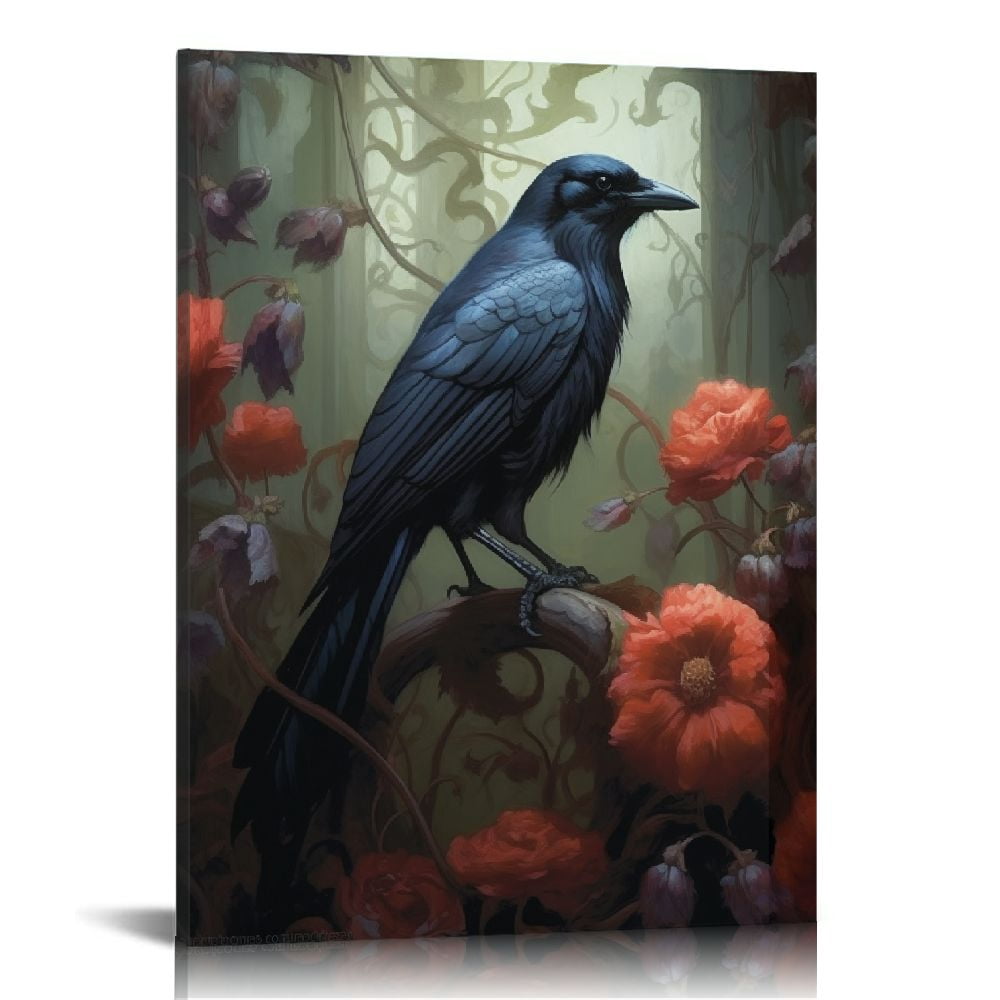 Zhiwo Crow Canvas Wall Art Floral Vintage Poster Raven Artwork For ...