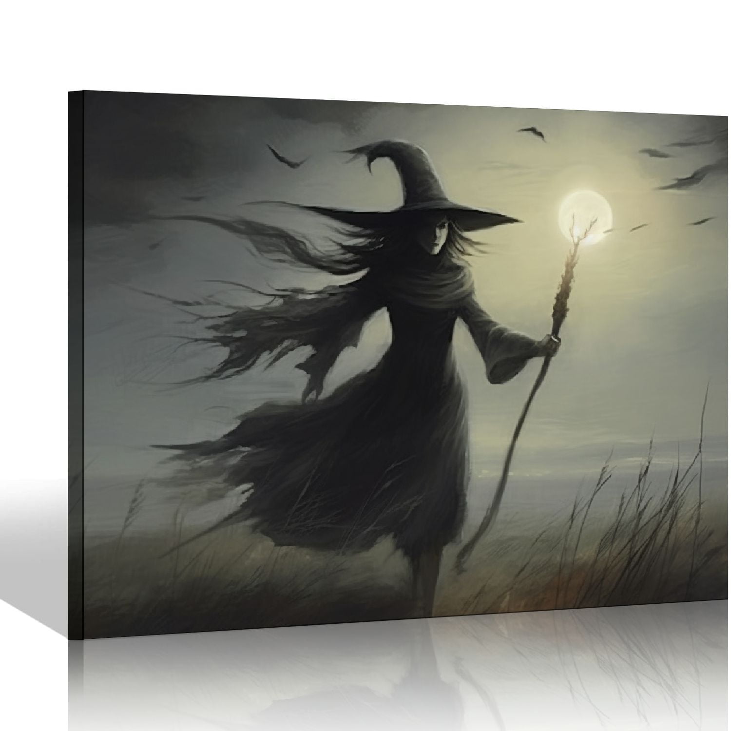 Zhiwo Vintage Halloween Canvas Wall Art, Framed Victorian Witch In Moonlight Meadow Poster ...