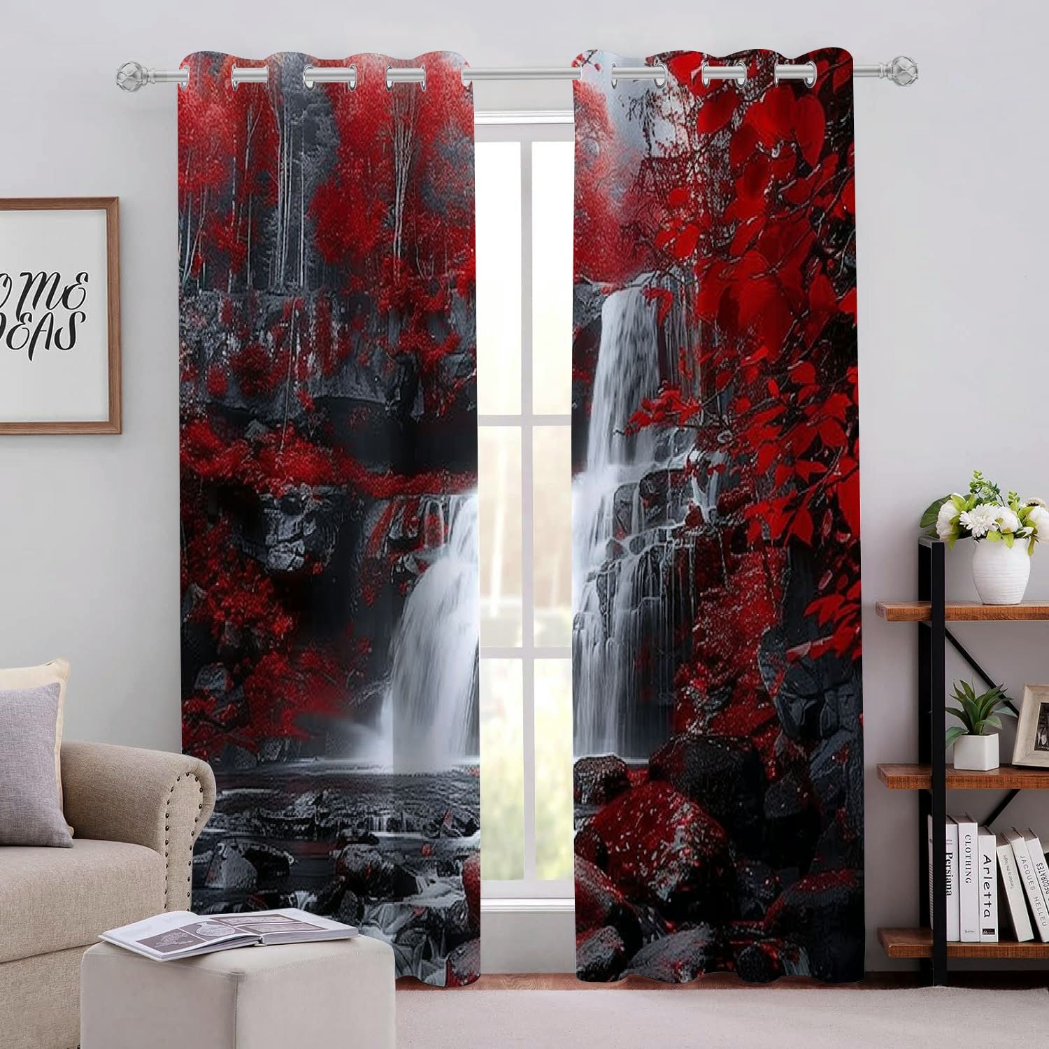 Zhiwo Waterfall Red Leaves Rocks Perforated Blackout Curtains 2-Pack ...
