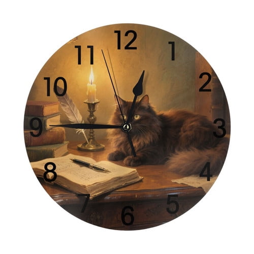 Zhmjortal Cute Cat Pattern Round Wall Clock Silent Non Ticking Battery ...