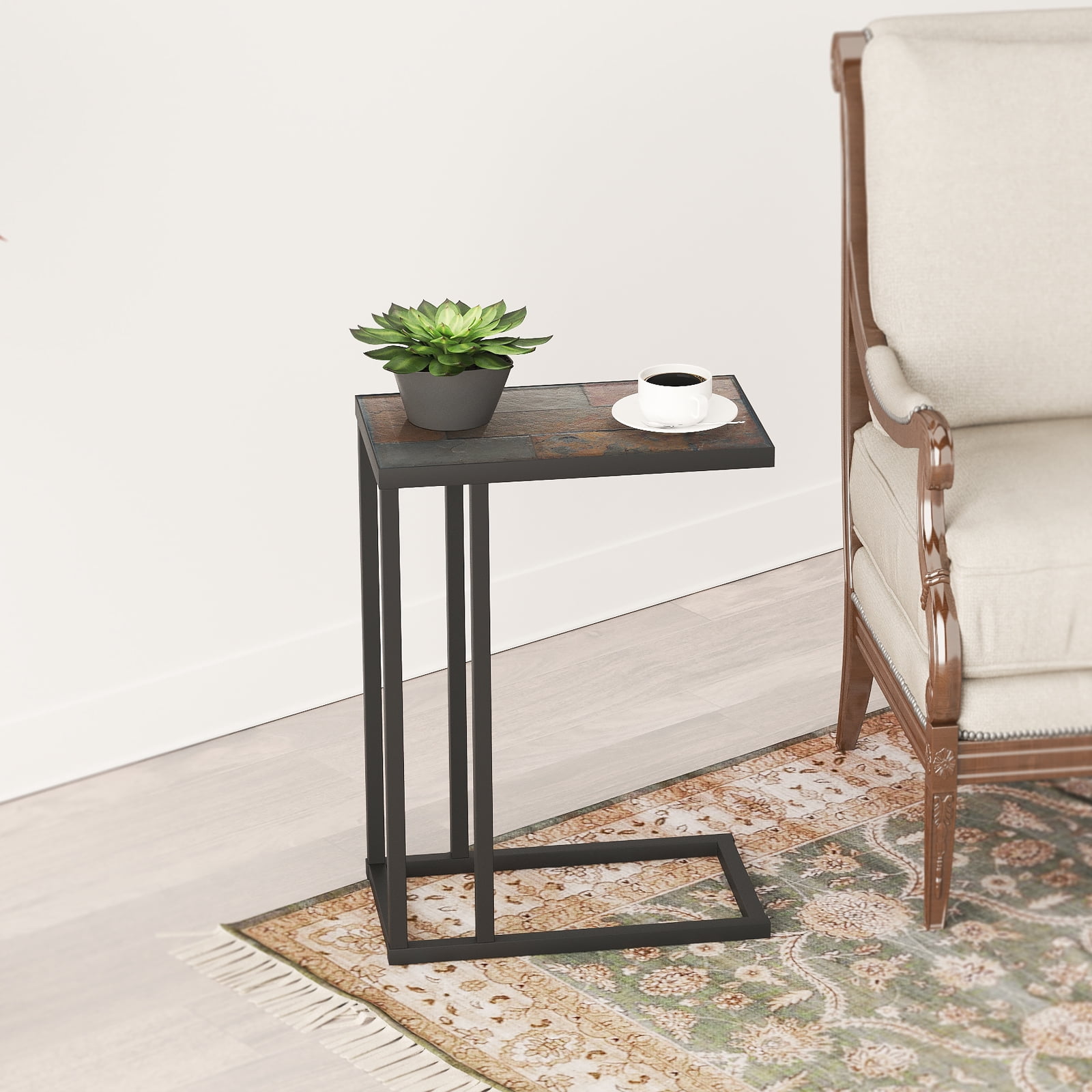 Zhongma Couch Tray Table,C-Shap End Table with Slate Table Top, Solid Real Stone, Side Table ...