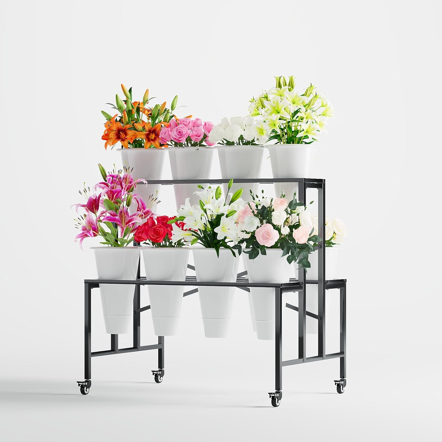 Zhongma Flower Bar Stand Display shelf with White Buckets for Fresh and Diy flowers Bouquet Rack ...