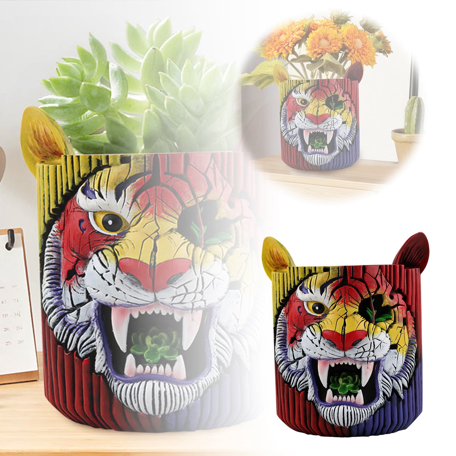 Zhouqiannn Colorful 3D Tiger Head and Face Flower Pot Hand Drawn ...