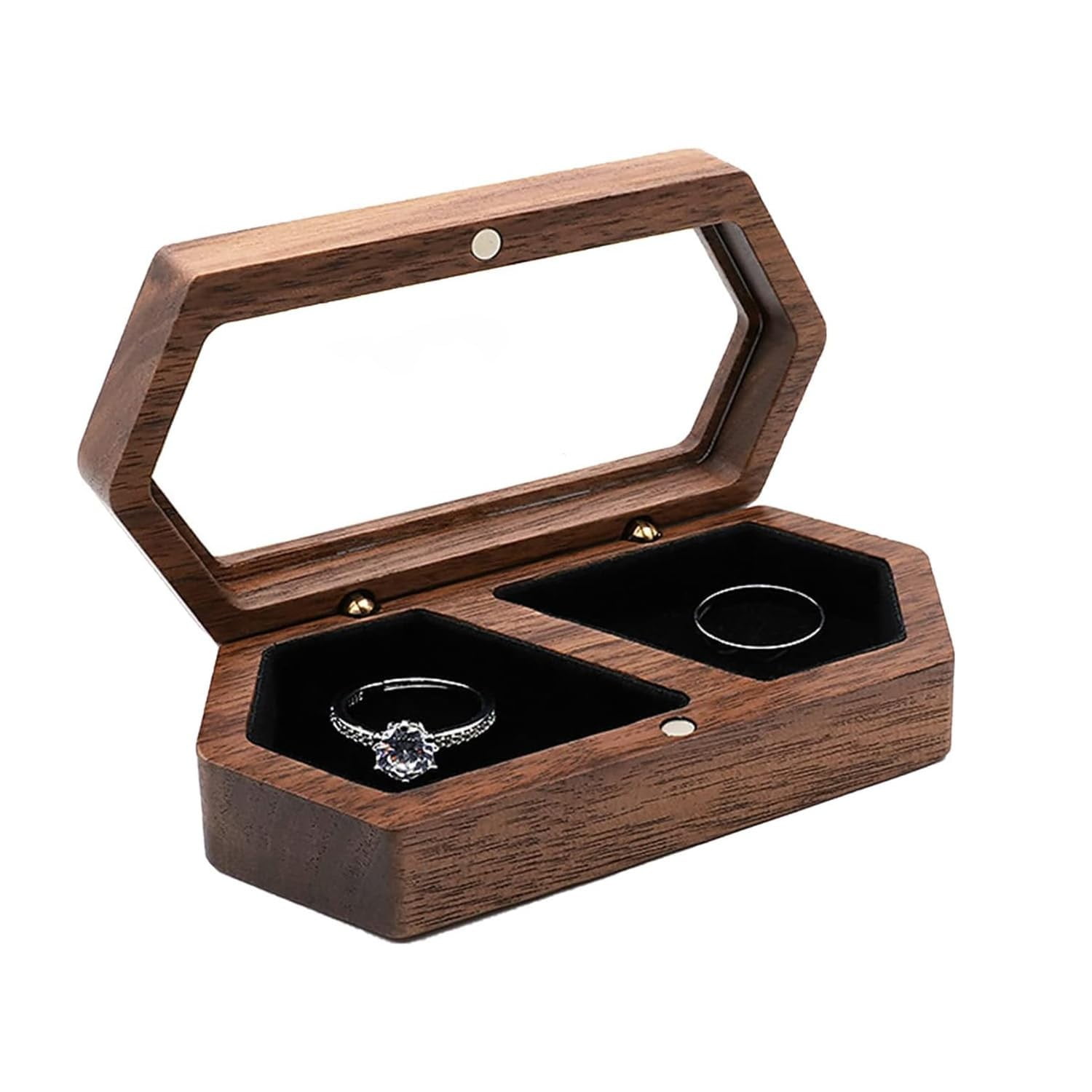 Zhouqiannn Wooden Ring Holder With Transparent Lid Two Slots Jewelry ...