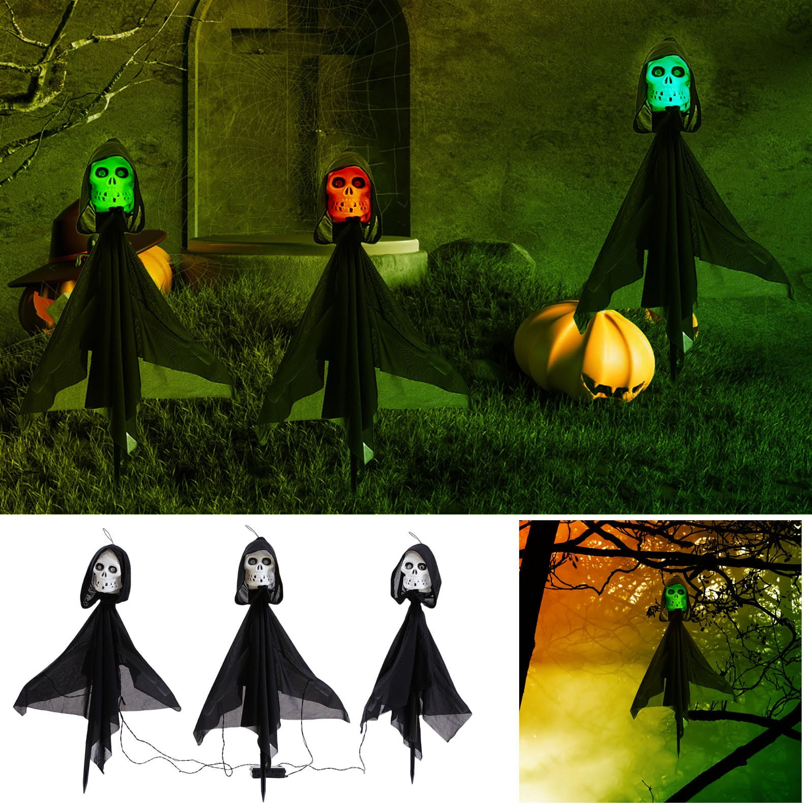 Zhourta 3 Piece Halloween Outdoor Ground Stake Skull Decor Lights ...