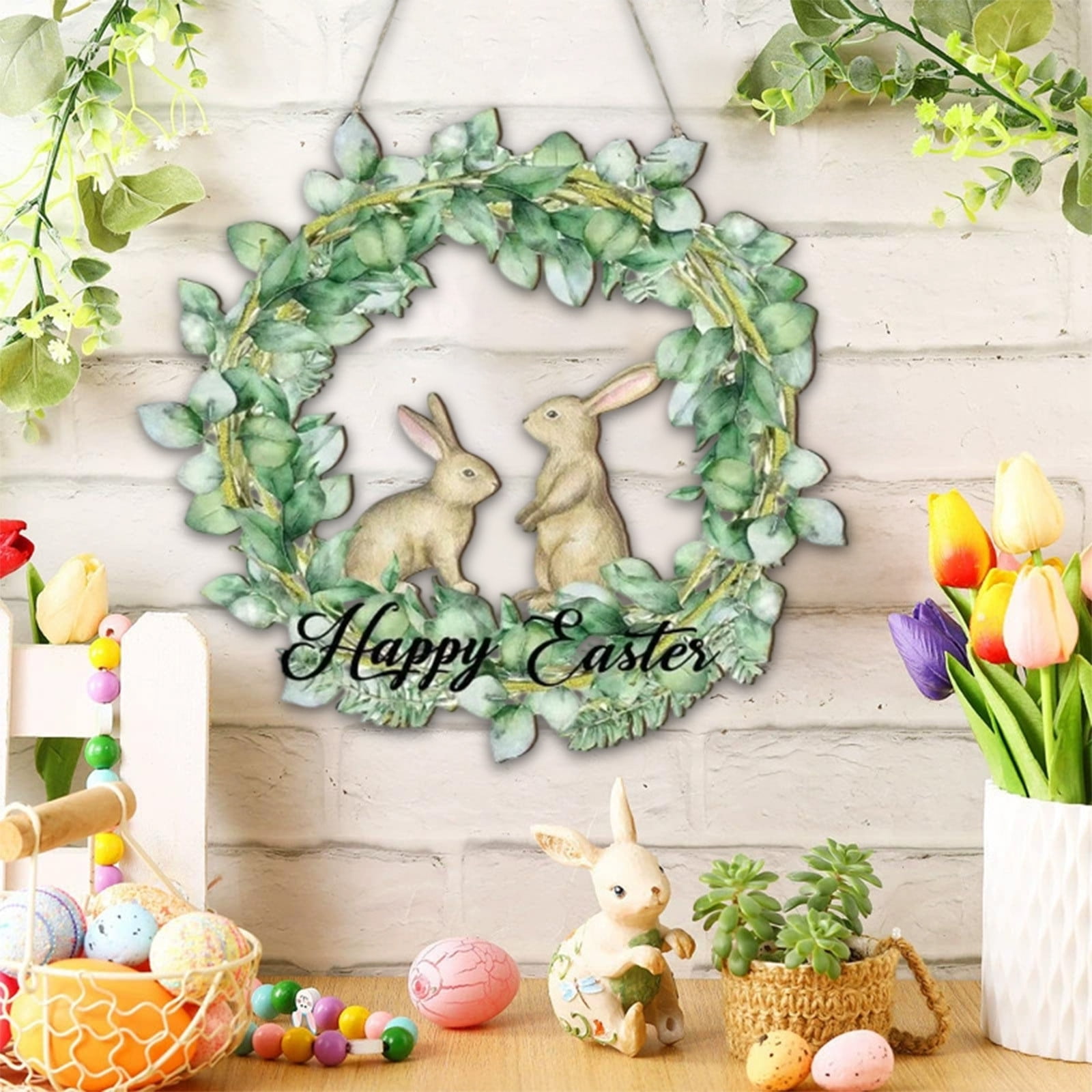 Zhourta Easter New Spring Flowers Bunny Door Sign Holiday Wooden ...