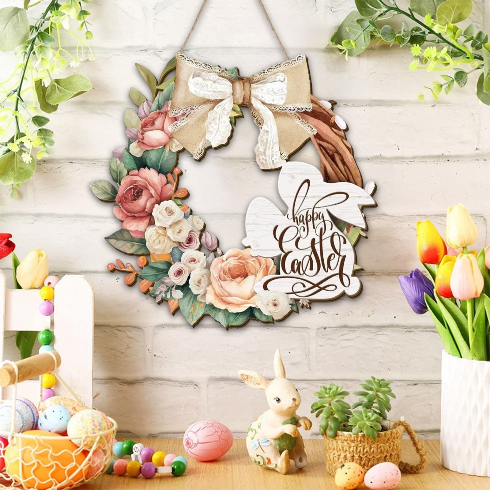 Zhourta Easter New Spring Flowers Bunny Door Sign Holiday Wooden ...