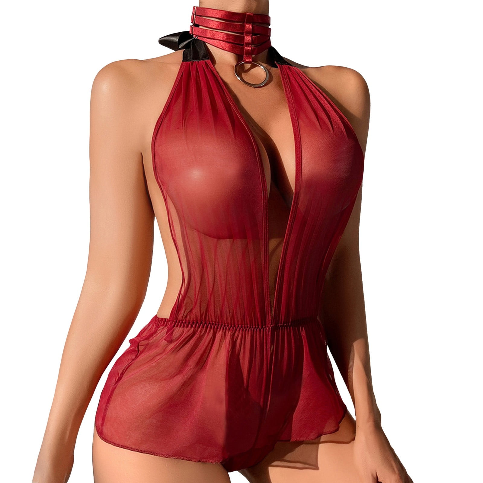 Zhouzou 2024 New Mesh See Through Halter Neck Strap Sexy Lace Sexy