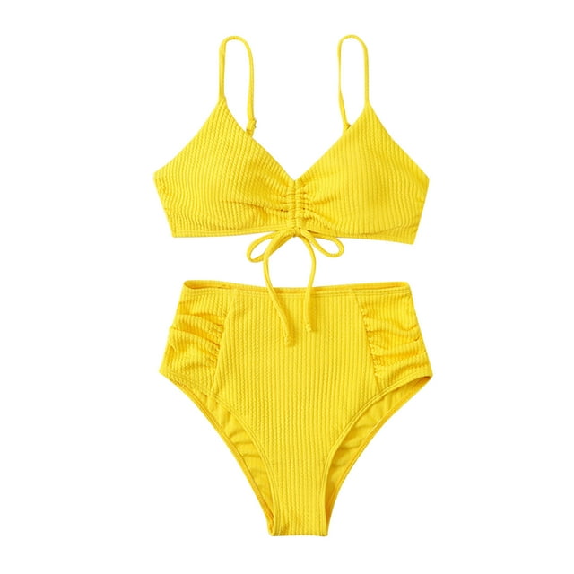 Zhouzou Womens Summer Solid Sexy Bikini Swimsuit High Waist Drawstring