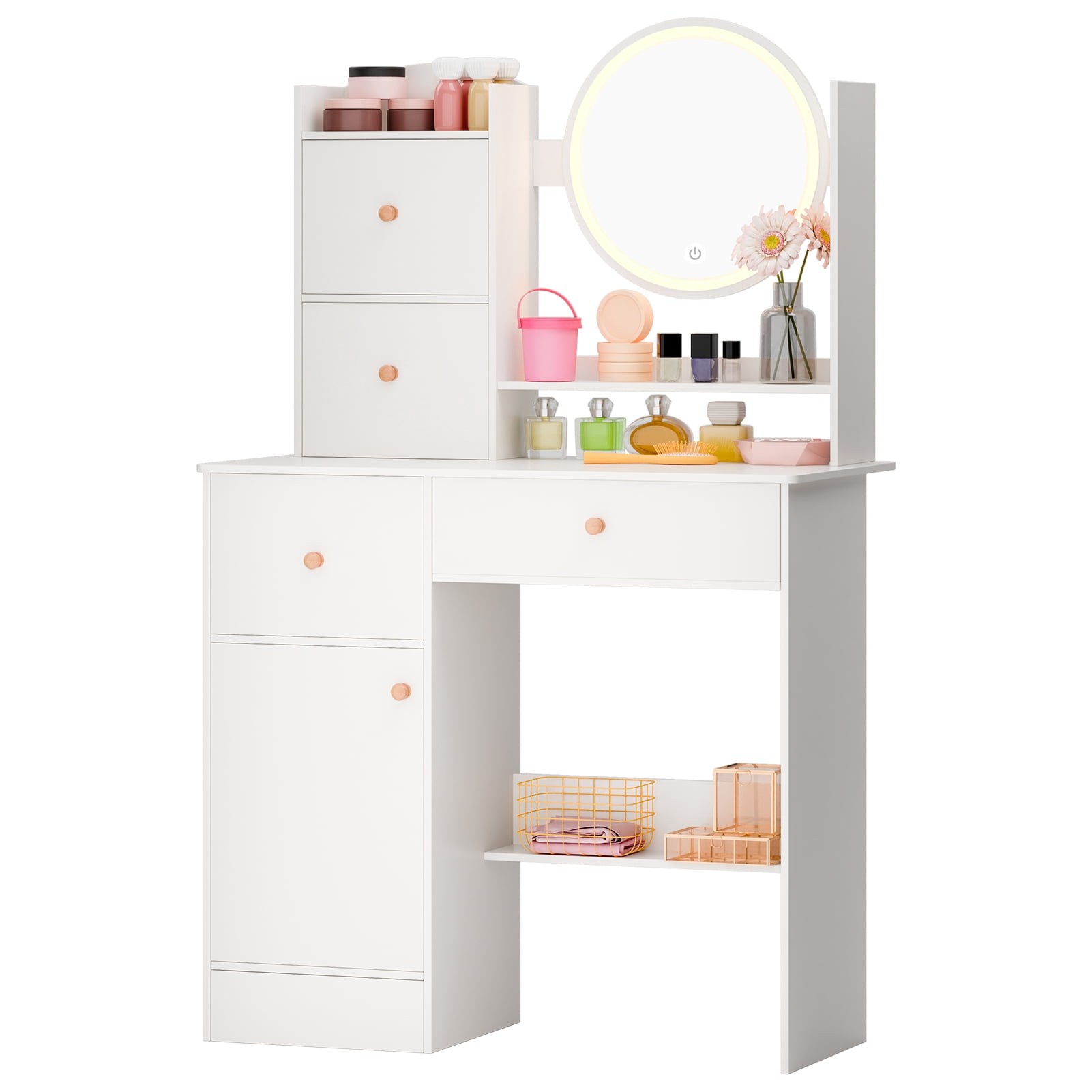ZhuWa Makeup Vanity Desk with LED Lighted Mirror, Vanity Table with 4 ...