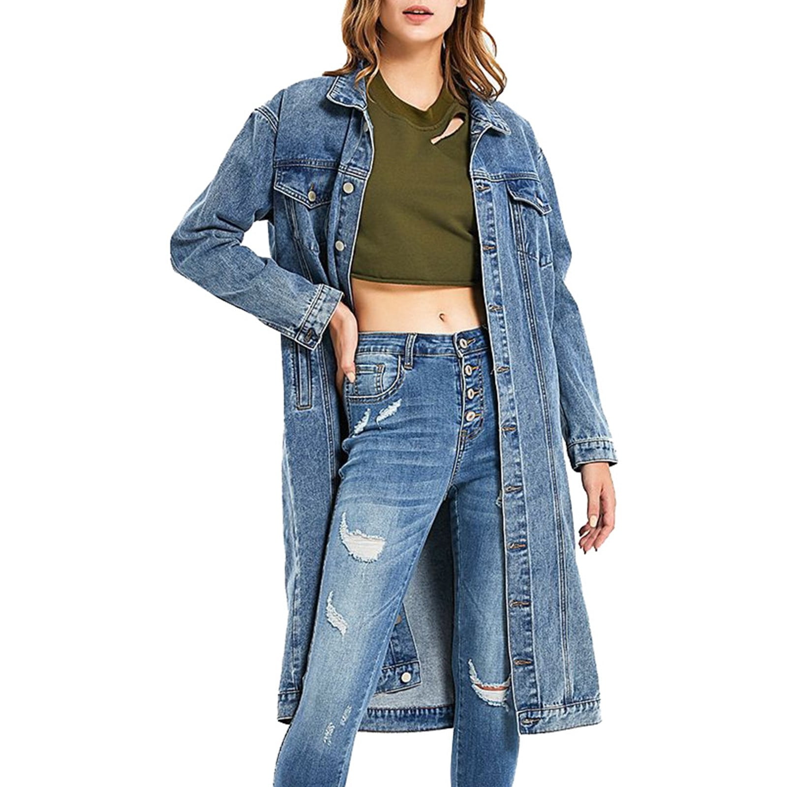 Zhuashum Denim Jacket For Women Long Vintage Slim Fit Stylish Denim ...