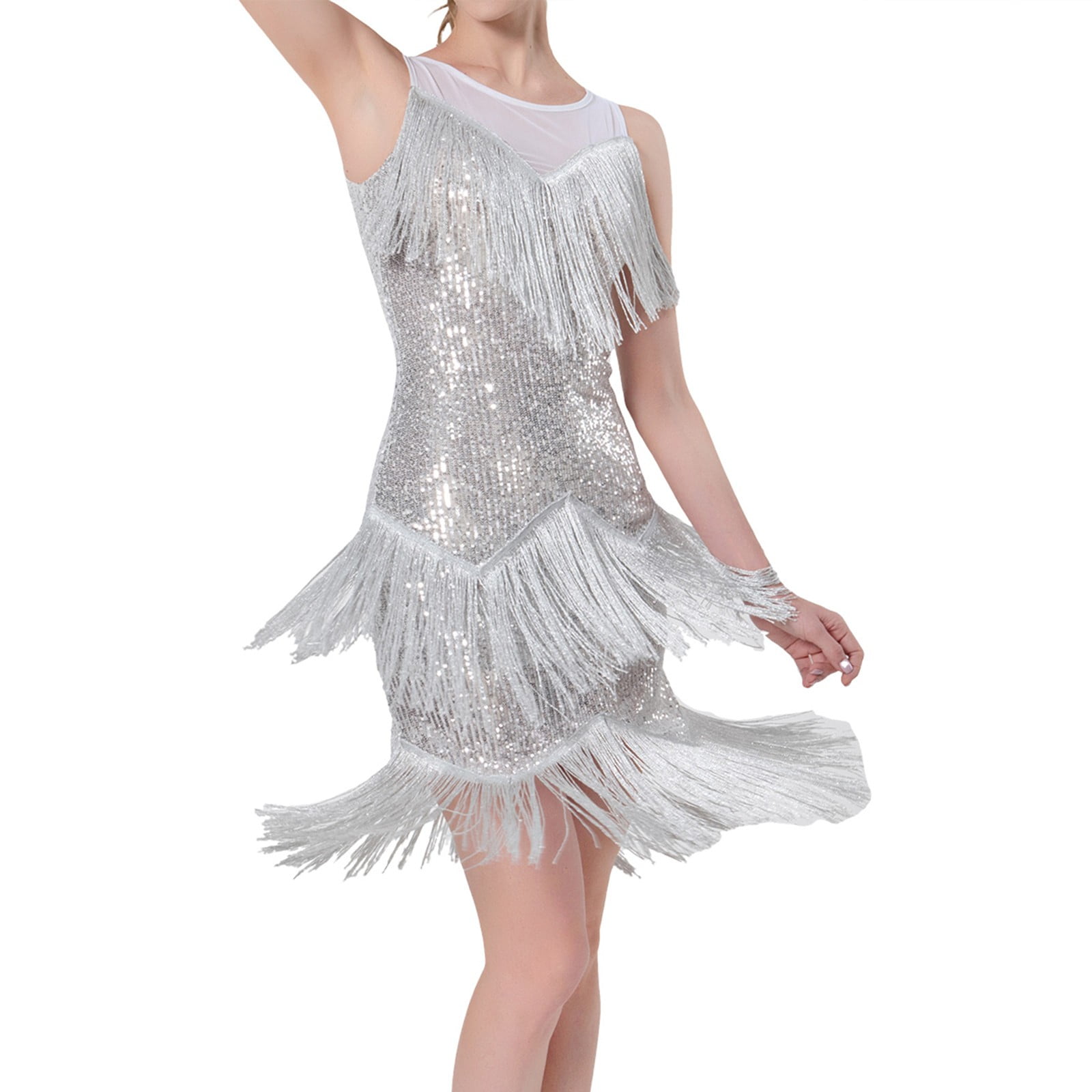 Zhuashum Sleeveless Sequin Tassel Latin Dance Dress Stage Performance ...