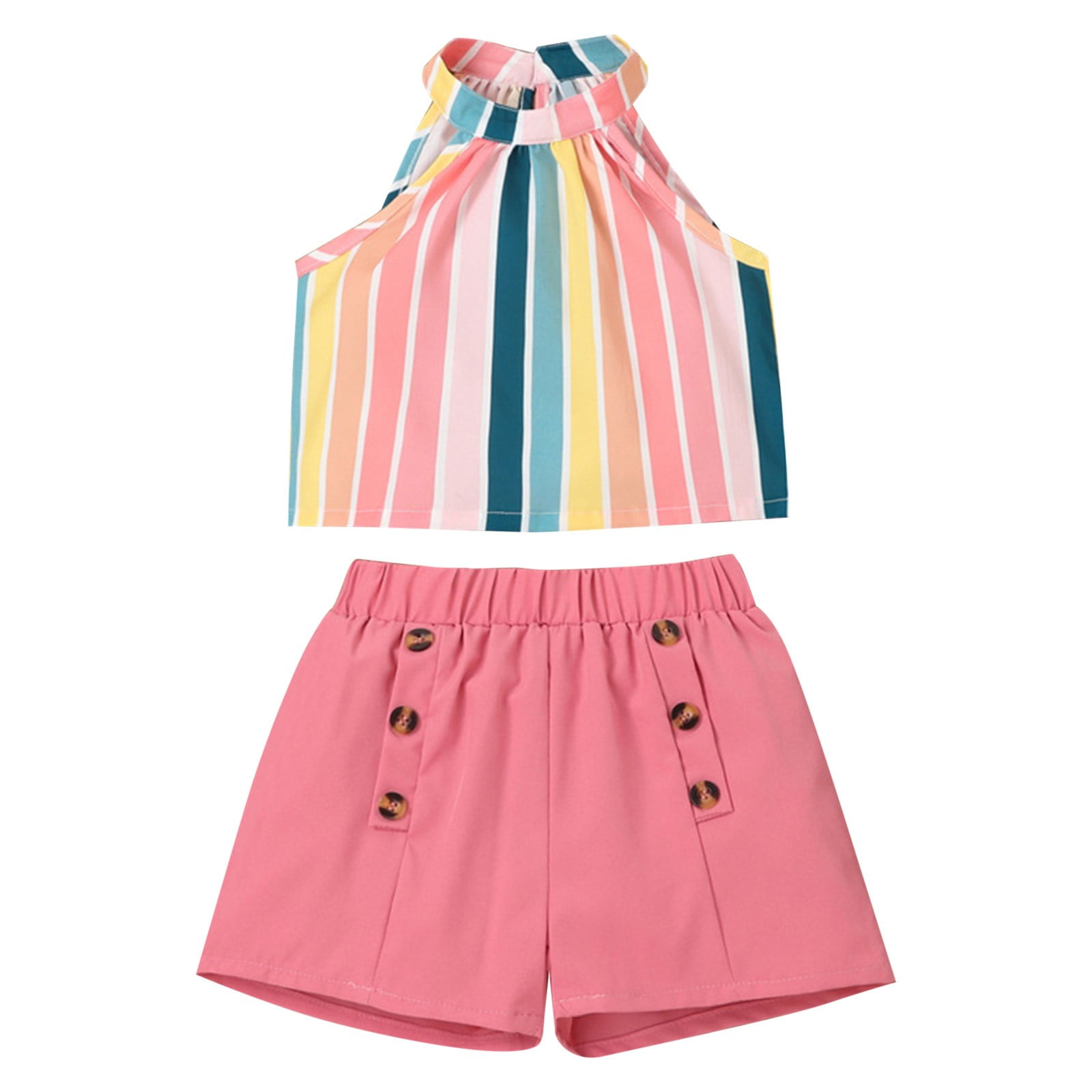 Zhuashum Outfits For Girls Sleeveless Round Neck Clothes Set Striped Prints Soft Shorts Suit ...