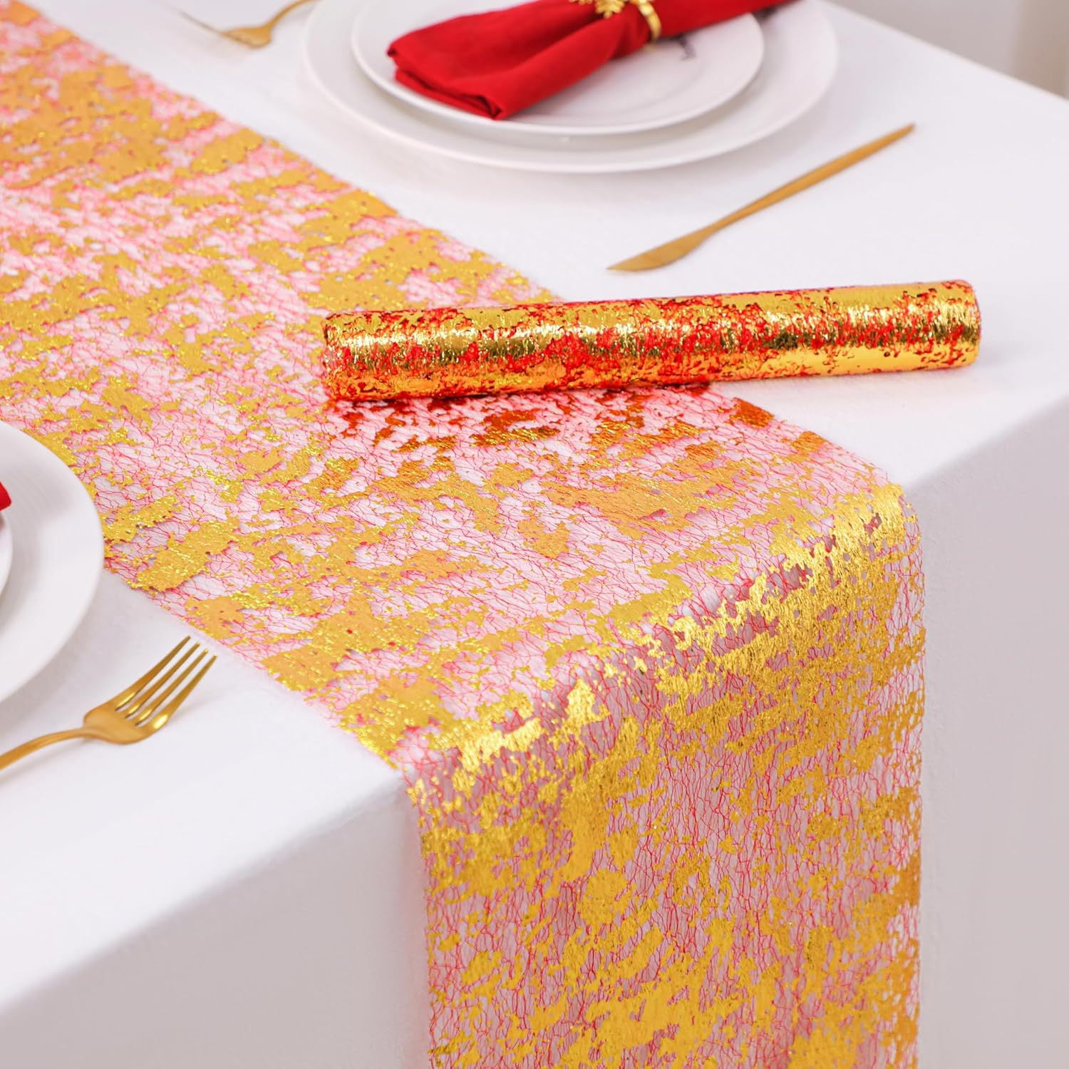 Zhuge 11"x393" Glitter Metallic Table Runner, Thin Mesh Sparkle Roll ...