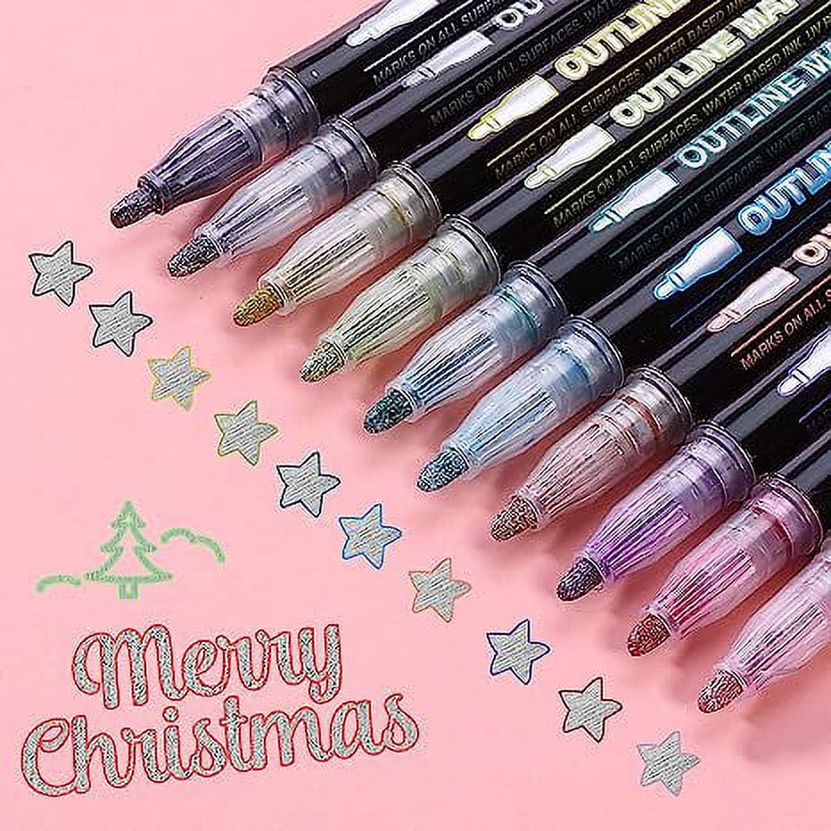 Zhuge Double Line Outline Markers, 12 Colors, Shimmer Markers, Outline ...