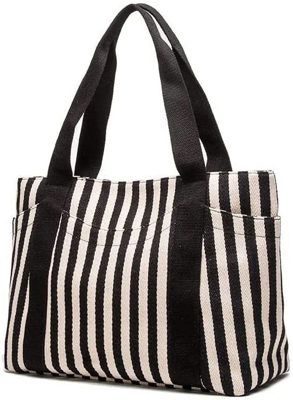 Zhuge Medium Tote Handbag Black & White Striped Daily Satchel Shoulder ...