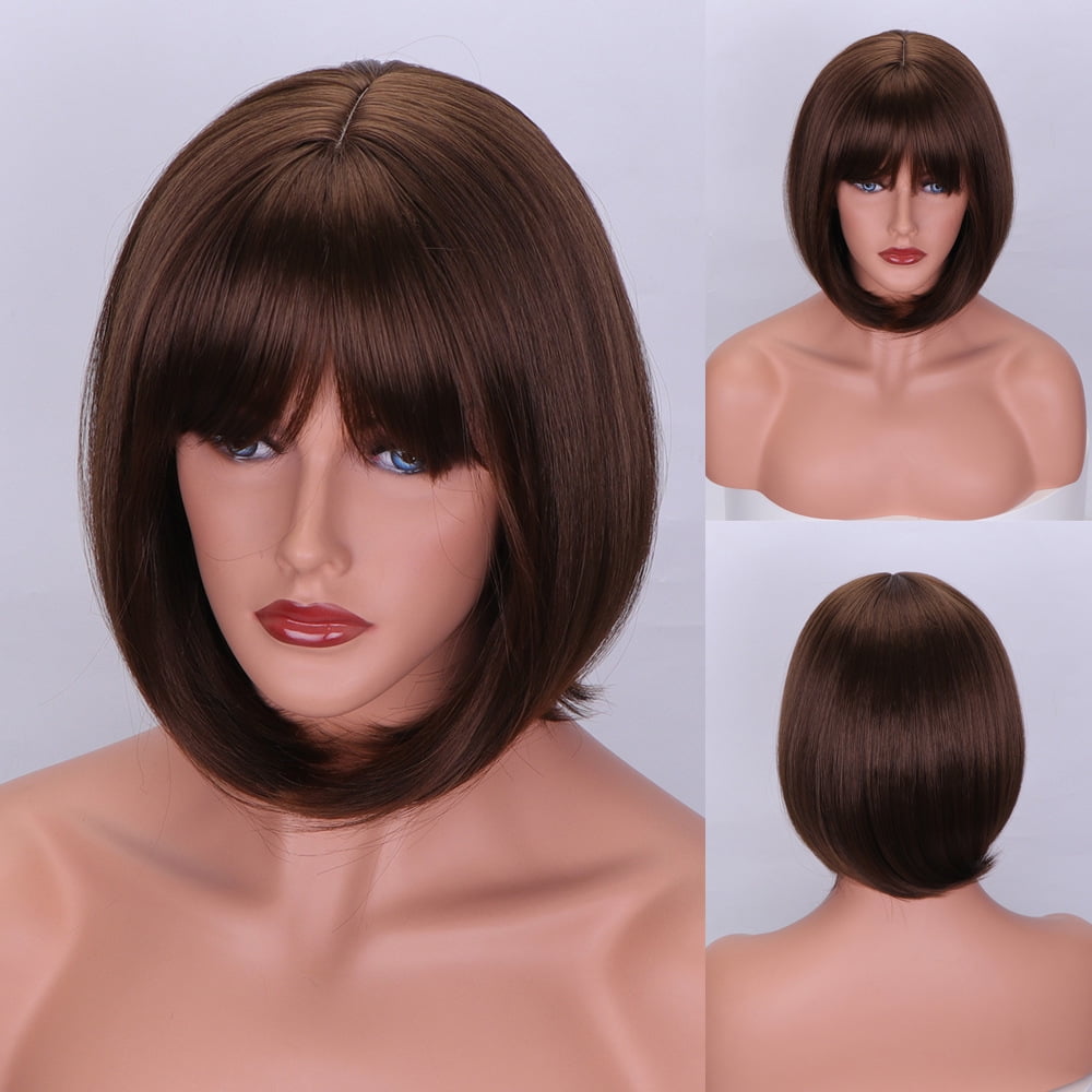 Zhuge Short Straight Bob Wigs with Air Bangs Honey Brown Wig for Women ...