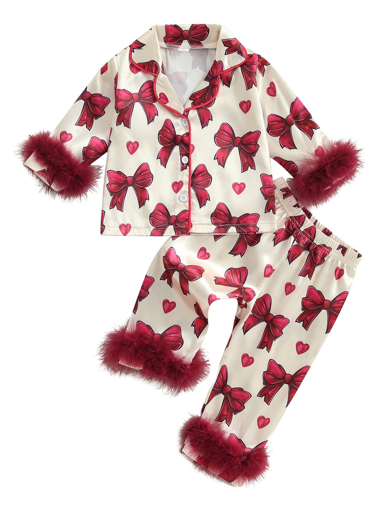 Zidweeken Girl Satin Pajamas Set Bow Print Feather Long Sleeve Lapel ...