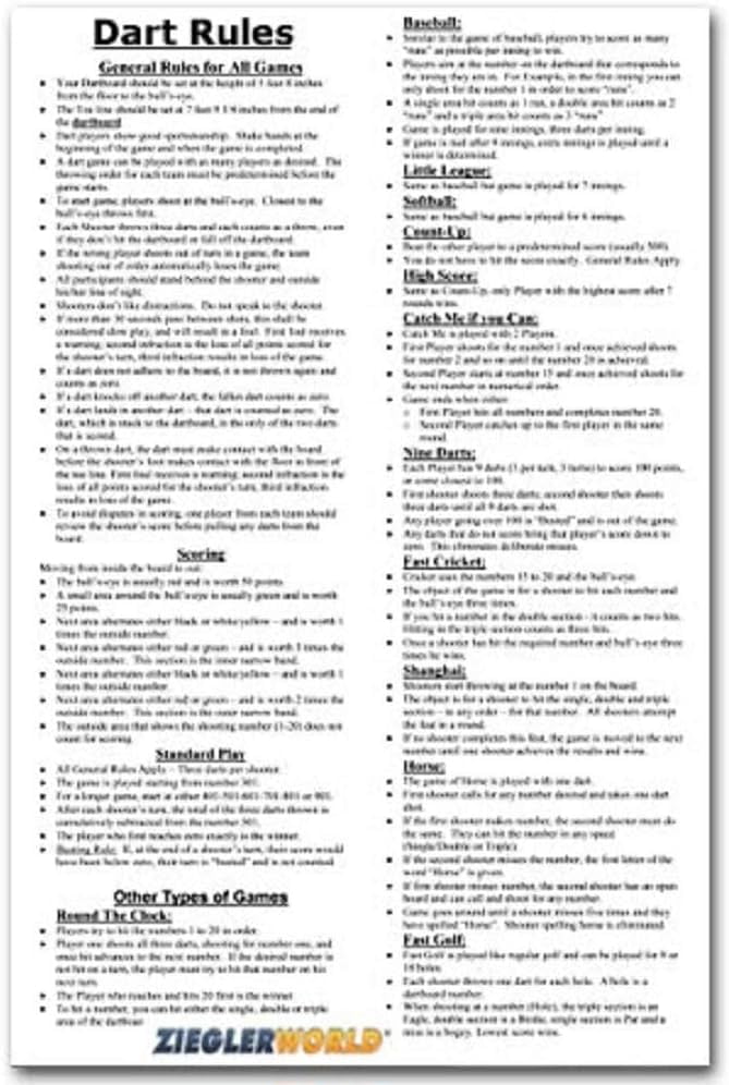 Zieglerworld 11 x 17 Large Laminated Dart Rules & Regulations Poster ...