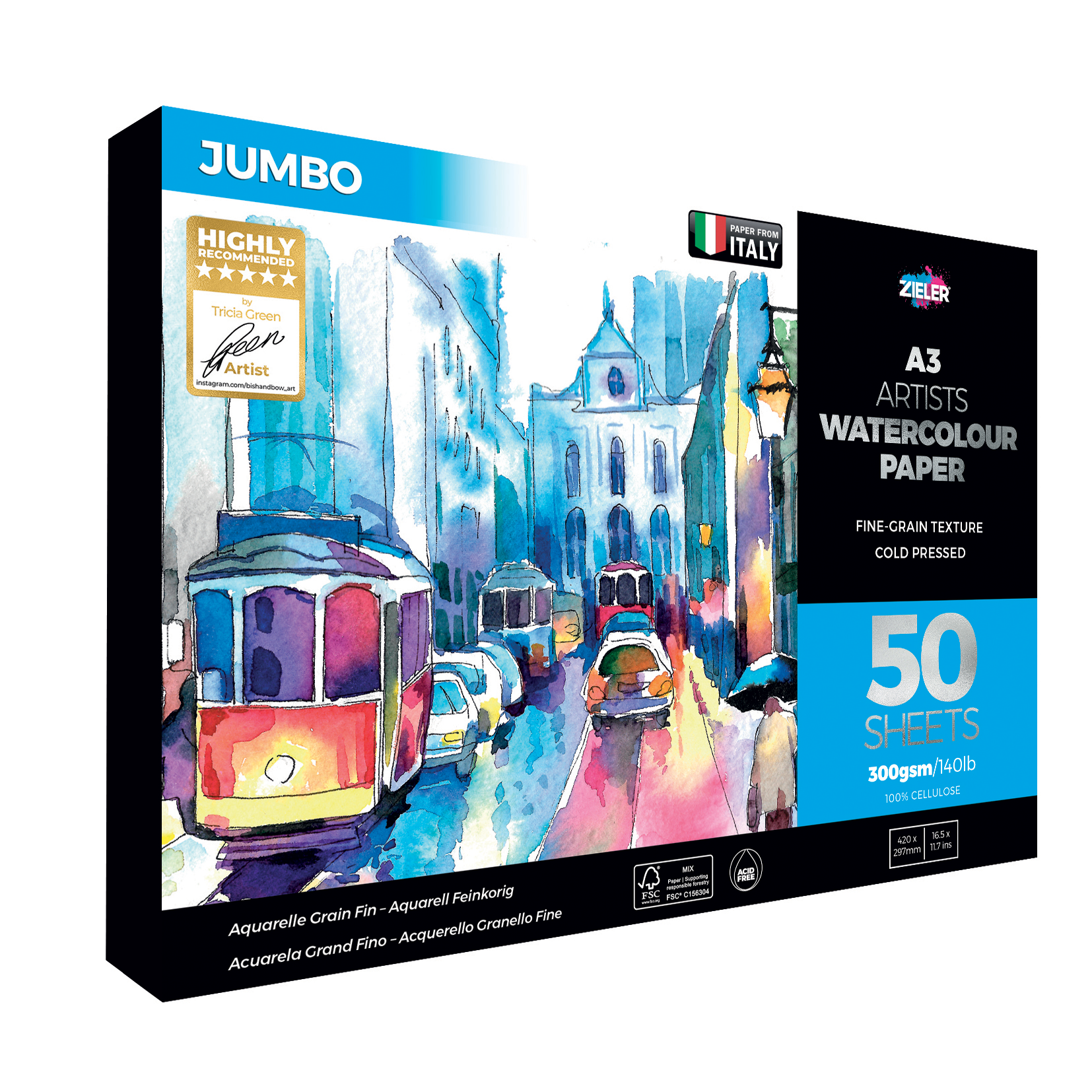 Zieler A3 Artists Watercolour Paper Fine Grain Texture Jumbo 50 sheets ...