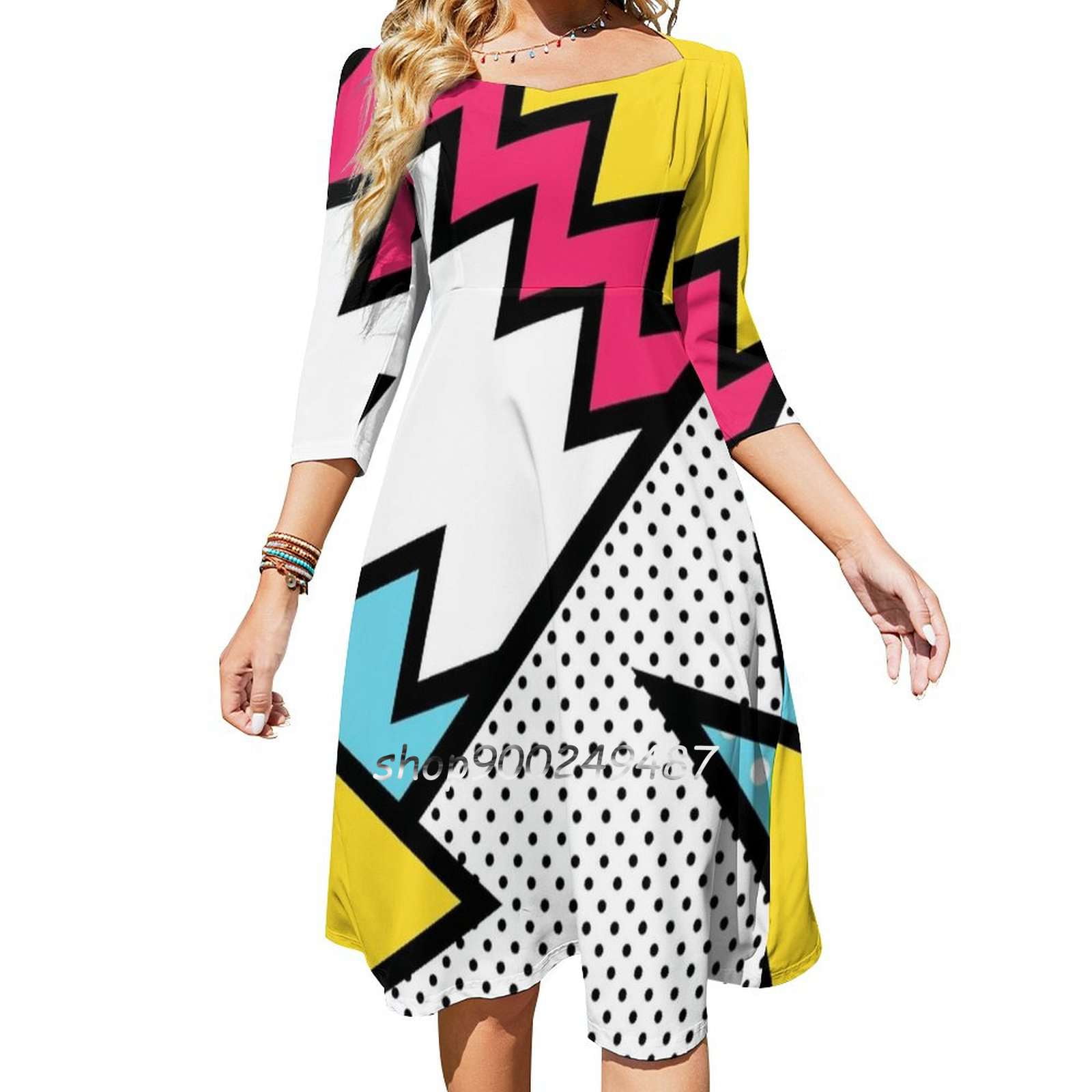Zigzag 80S Memphis Pattern Sweetheart Knot Flared Dress Fashion Design ...