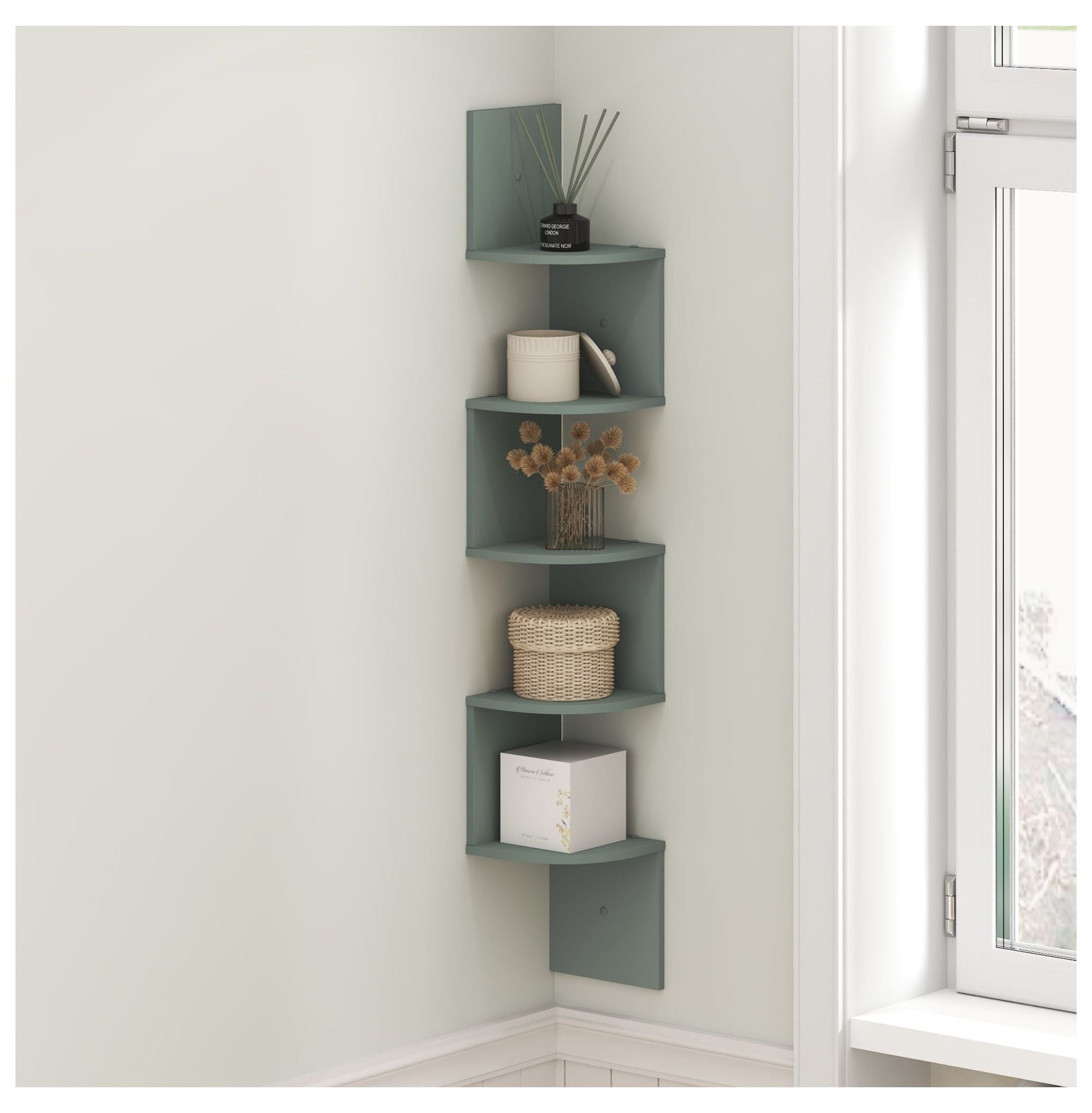 Zigzag Corner Wall Shelf - 5 Tier Floating Bookcase in Sage Green ...