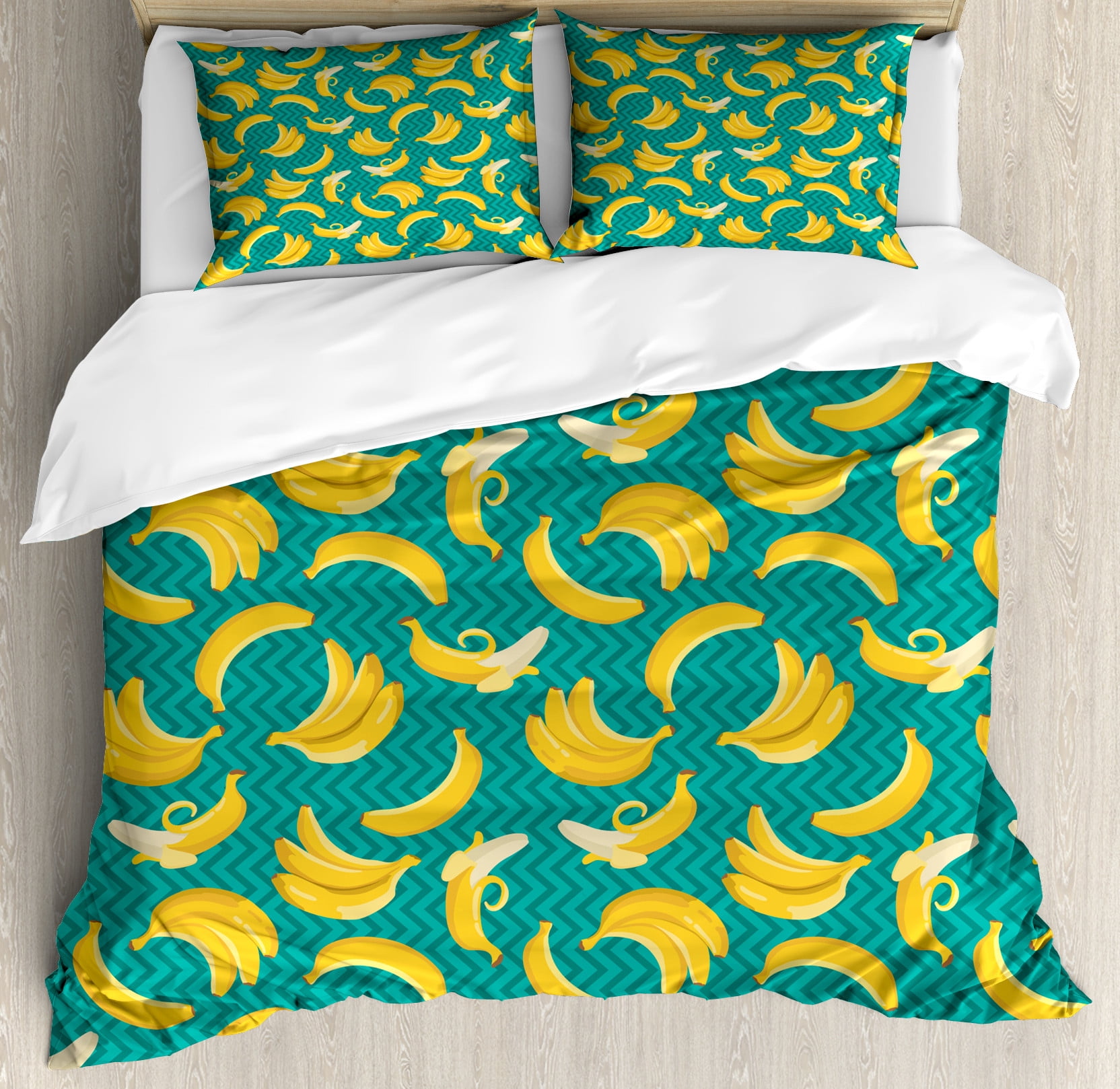 Zigzags Duvet Cover Sets, Tropic Banana Fruits on Geometric Chevron ...