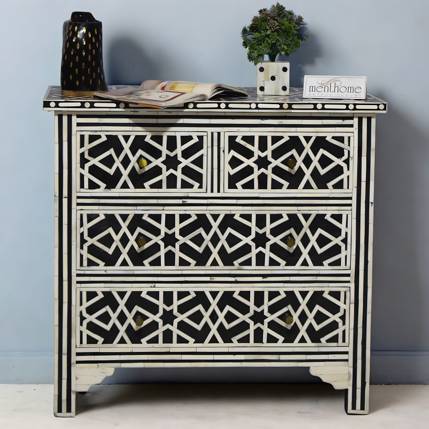 Zikzak Pattern Bone Inlay 4 Drawers Black Dresser - Walmart.com