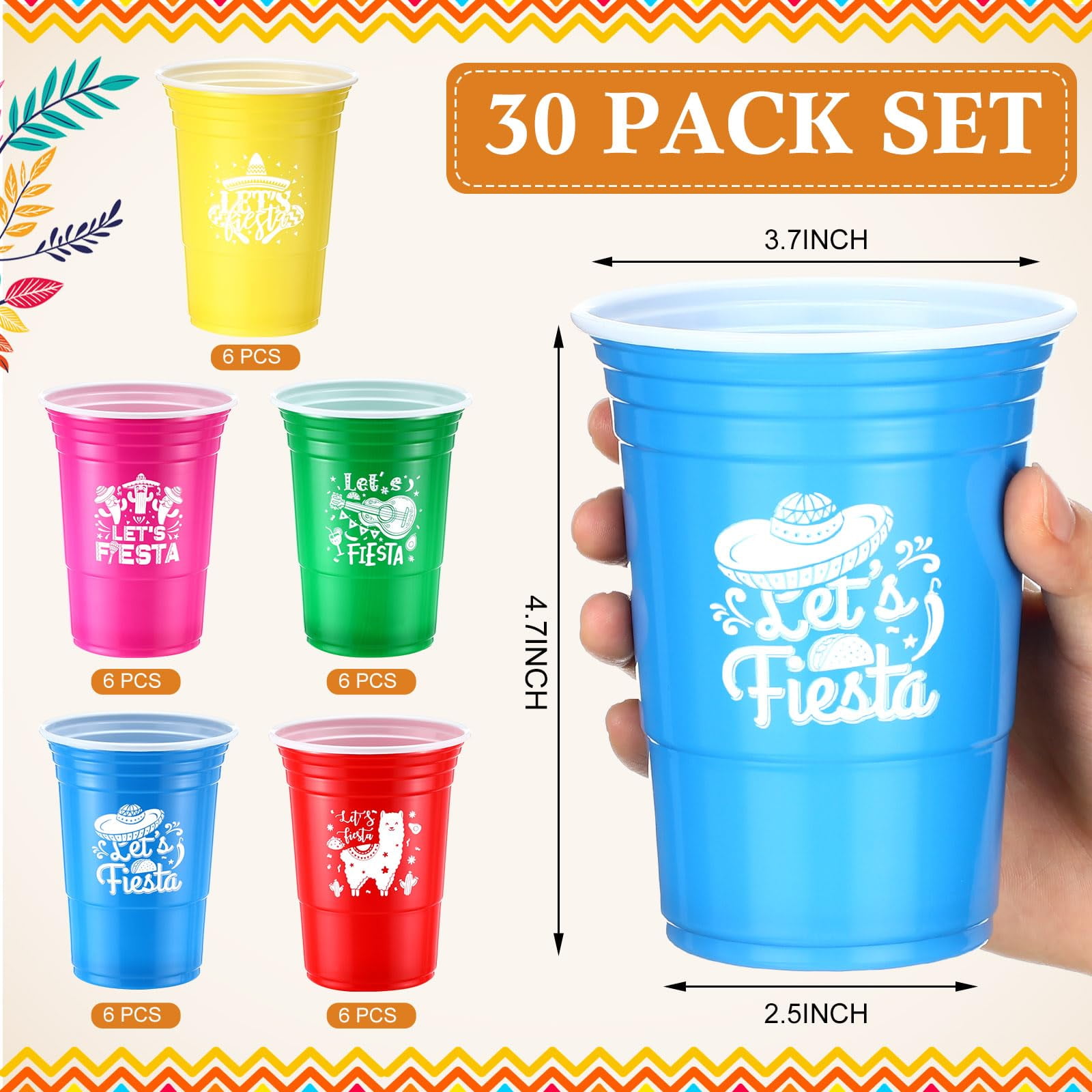Ziliny 30 Pack AJH3 Let's Fiesta Cups, Cinco De Mayo 16 oz Plastic ...