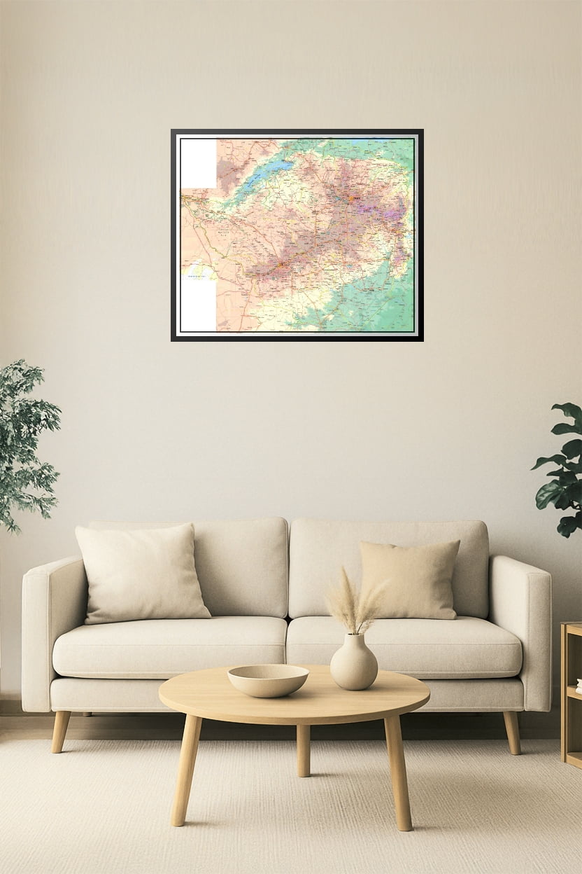 Zimbabwe Detailed Road & Terrain Map Poster – Cities, Parks & Borders ...