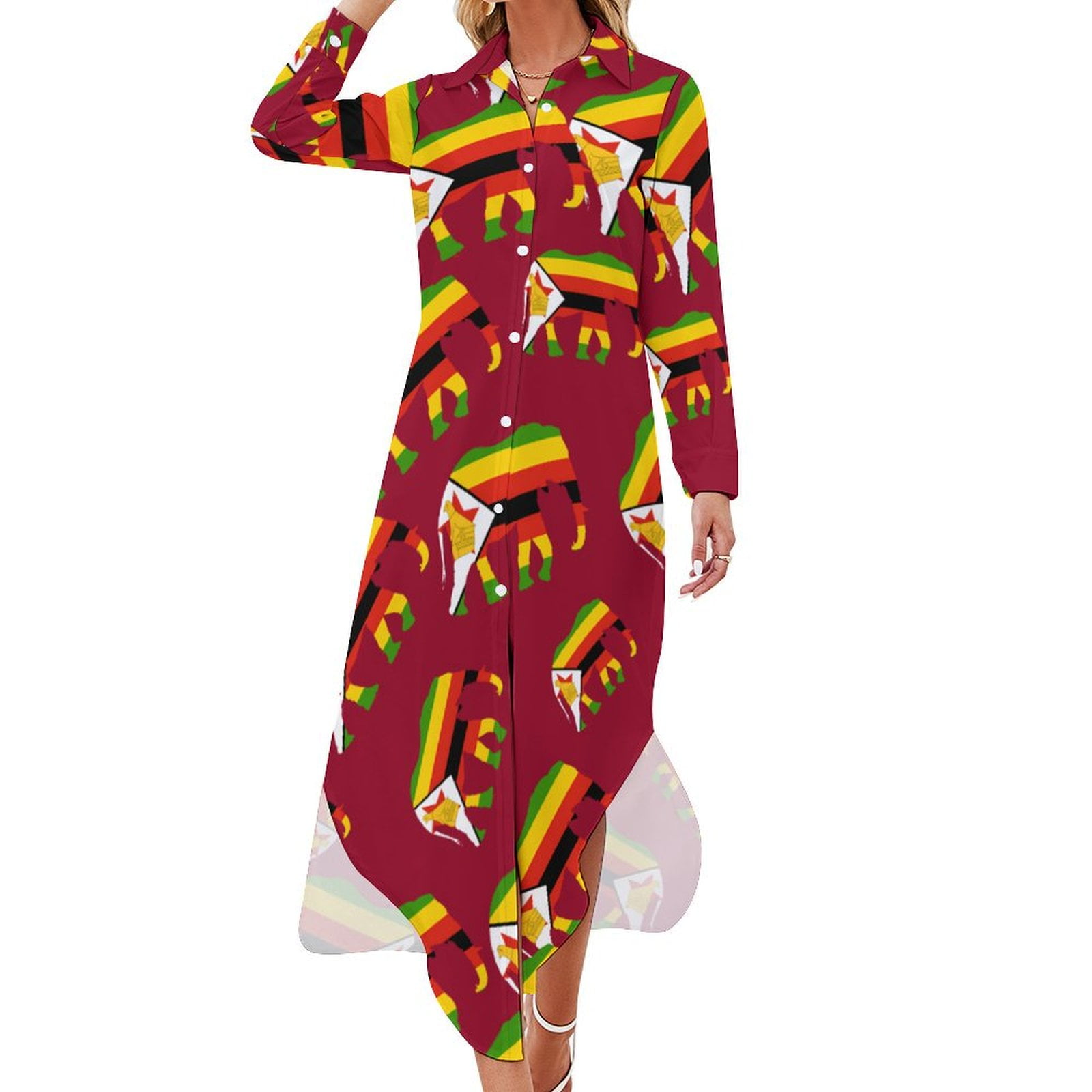 Zimbabwe Flag African Elephant Women's Maxi T Shirt Dress Long Sleeve ...