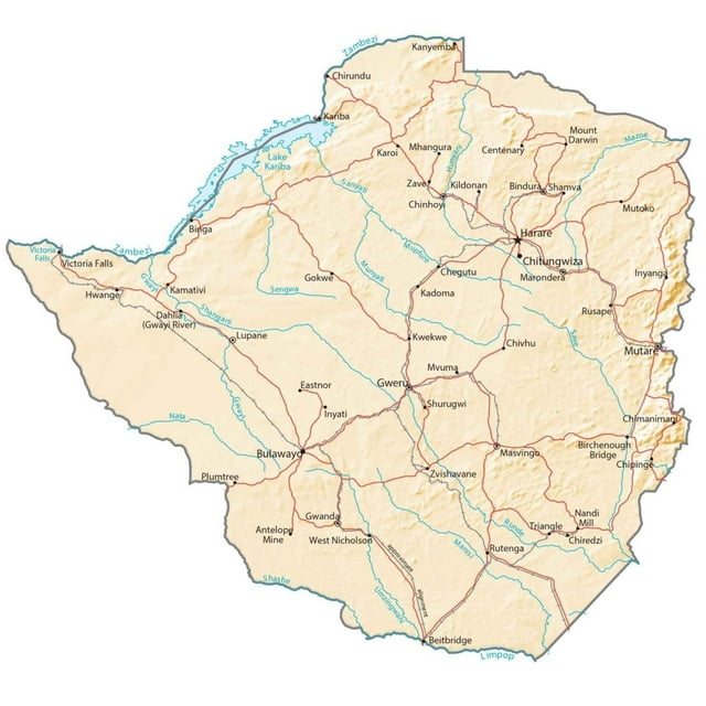 Zimbabwe Physical Map GLOSSY POSTER PICTURE PHOTO PRINT BANNER ...