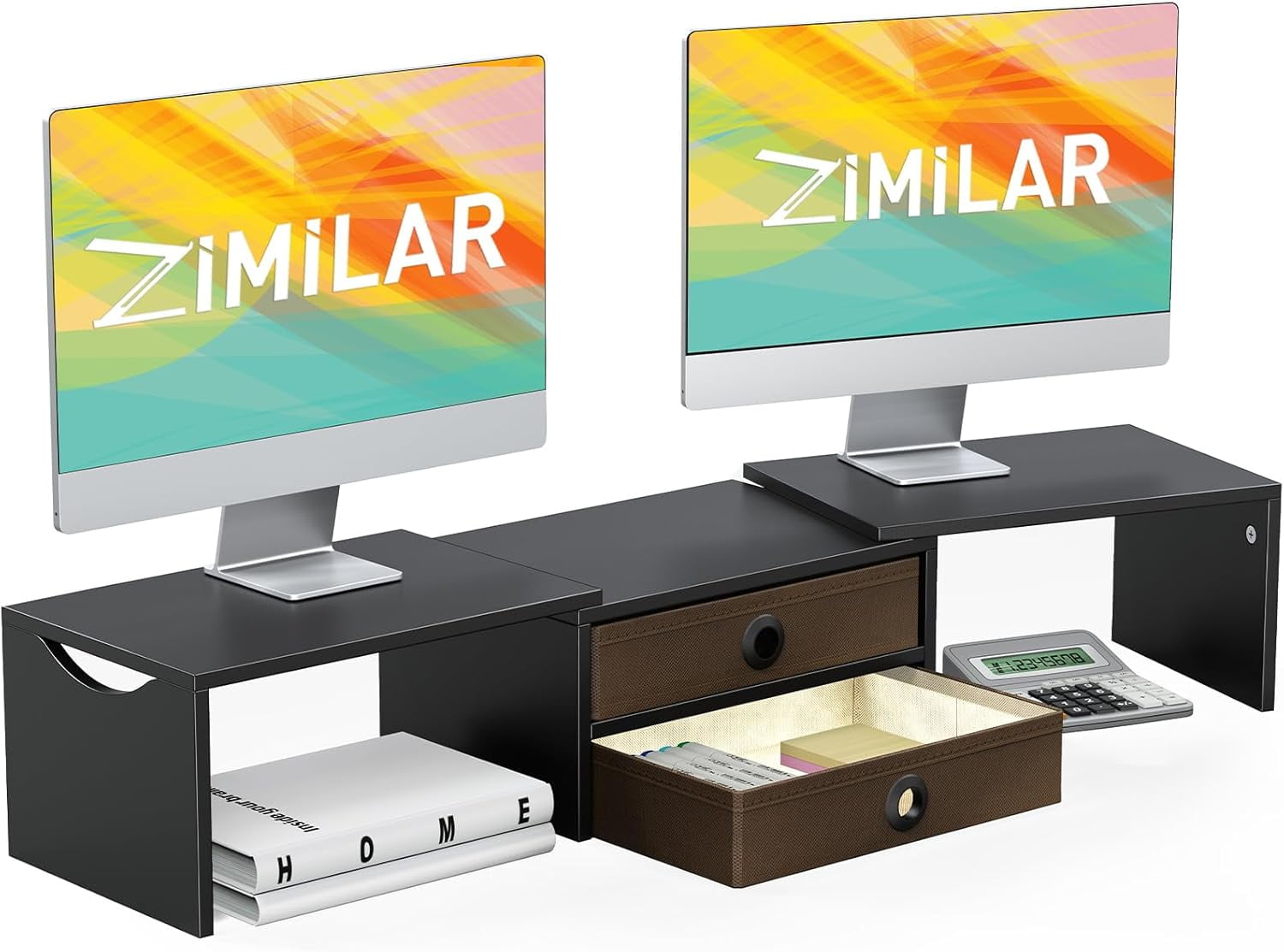 Zimilar Dual Monitor Stand Riser with 2 Drawers, Wood Monitor Riser for ...