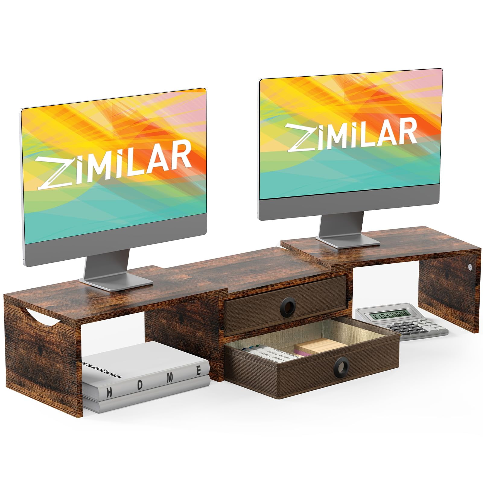 Zimilar Dual Monitor Stand Riser with 2 Drawers, Wood Monitor Riser for ...