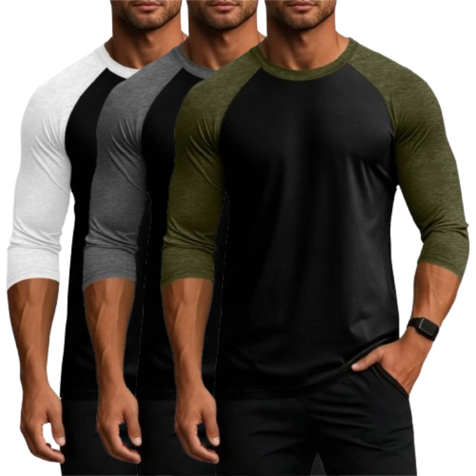 Zimjoy 3 Pack Men's Athletic T-Shirt Crew Neck Soft Stretch 3/4 Sleeve ...