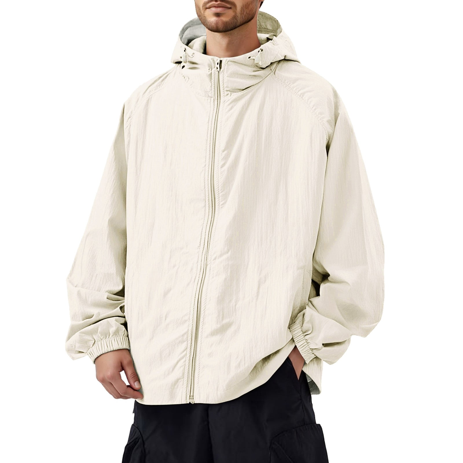 Zimjoy Beige Windbreaker Men UV 50+ Protection Oversized Hooded Rain ...