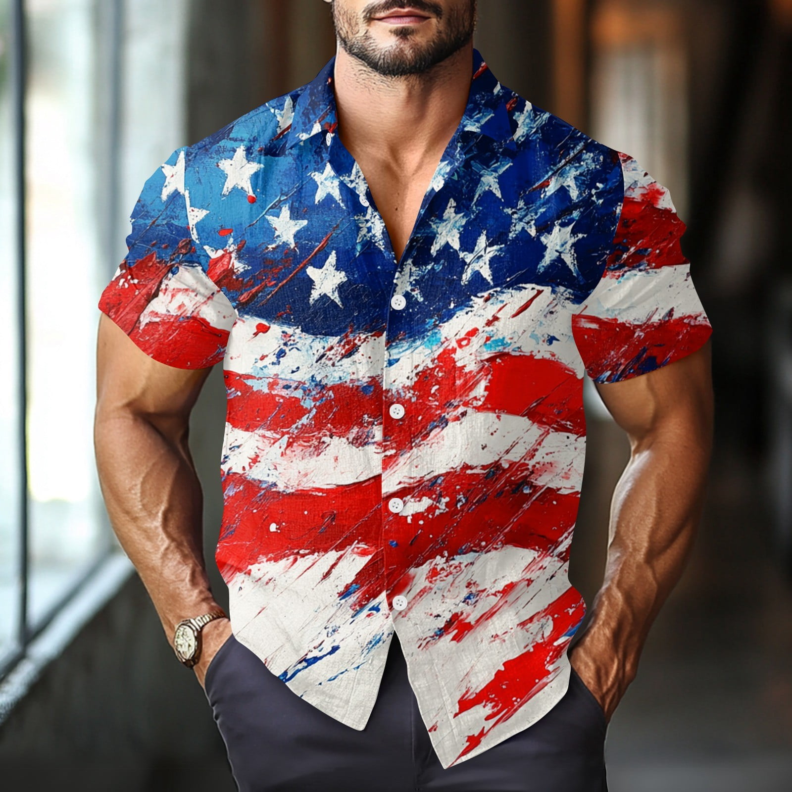 Zimjoy Fourth Of July Men's Big and Tall Short Sleeve Shirts Comfy Button Up Patriotic Shirt ...