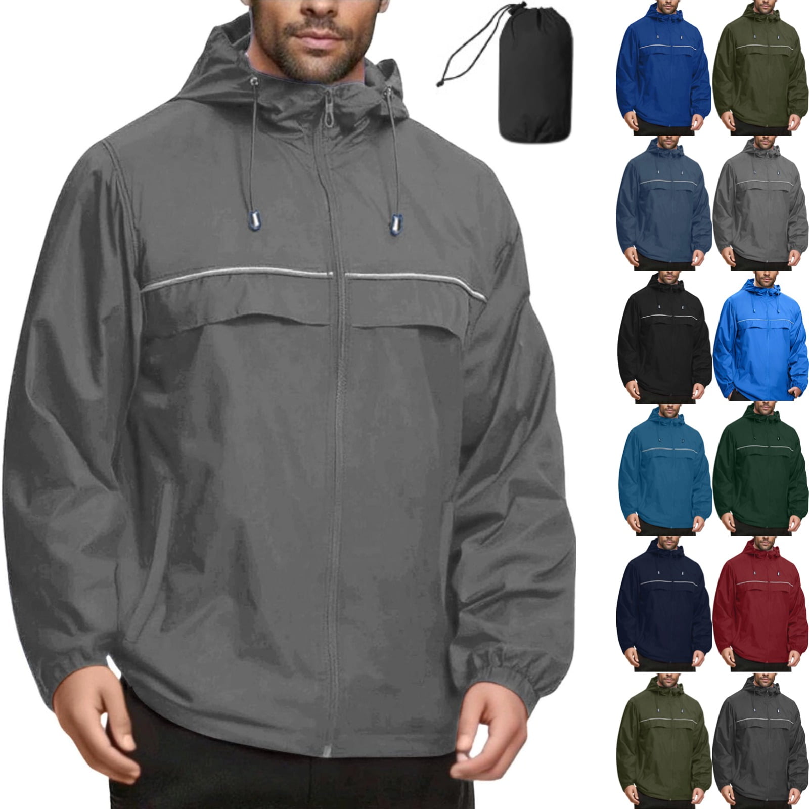 Zimjoy Gray Rain Jackets for Men M-5XL Packable Waterproof Rain Jacket ...