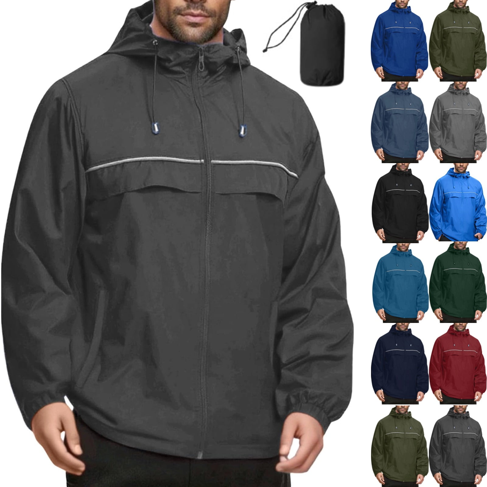 Zimjoy Gray Rain Jackets for Men M-5XL Packable Waterproof Rain Jacket ...