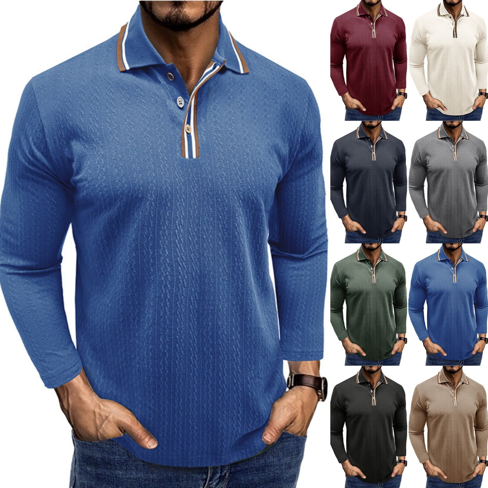 Zimjoy Mens Golf Shirts Casual Long Sleeve Ribbed Textured Mens Polo ...