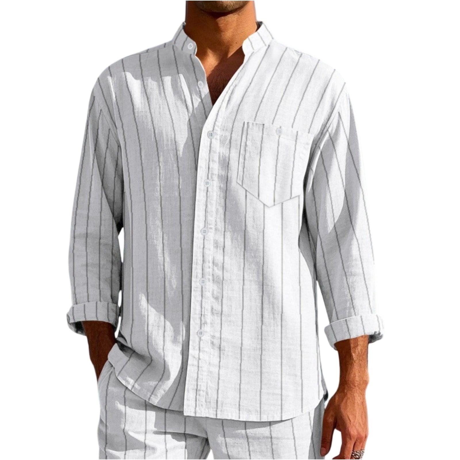 Zimjoy Mens Long Sleeve Button Down Shirts Casual Striped Print Linen ...
