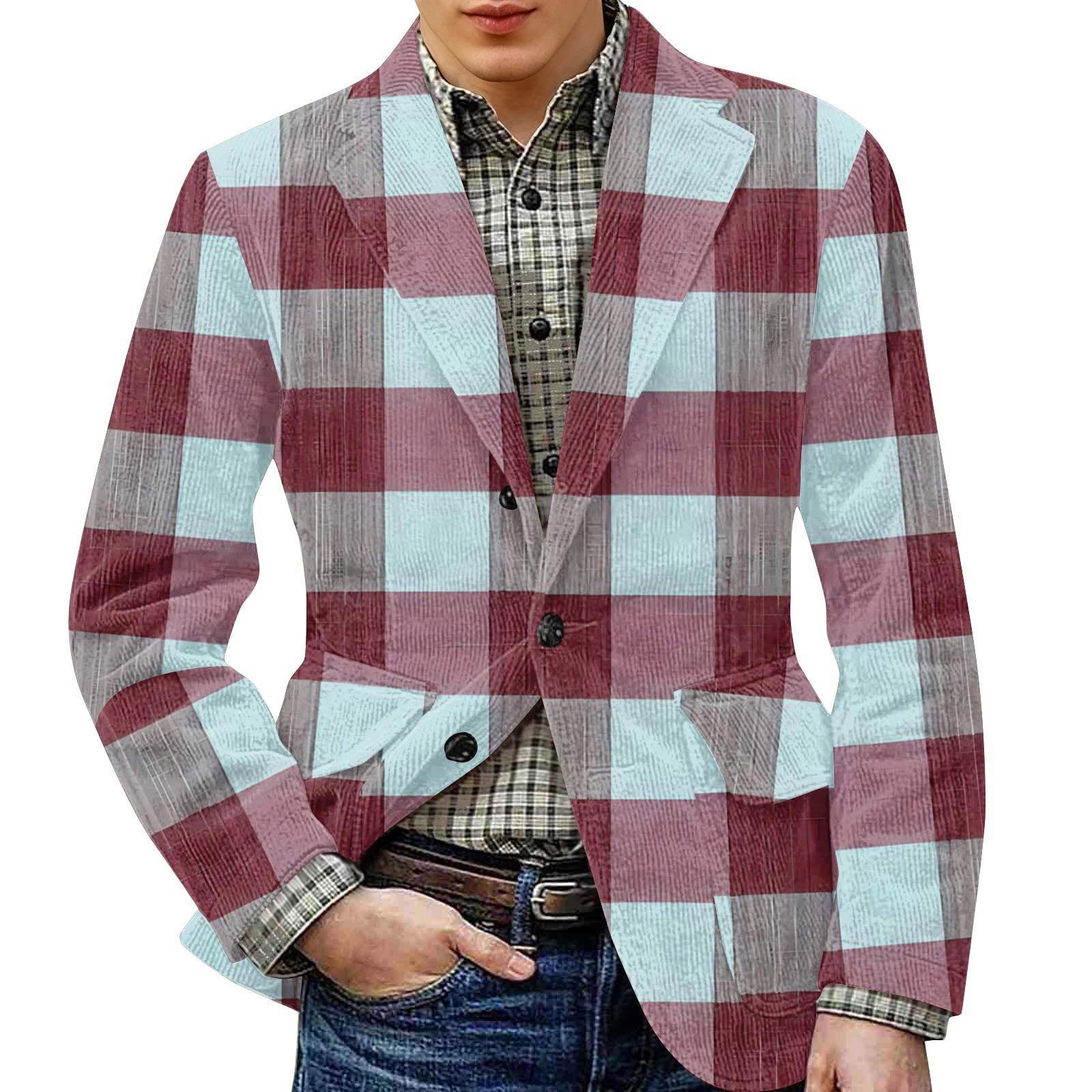 Zimjoy Mens Plaid Blazer One Button Vintage Corduroy Suit Jacket Slim ...